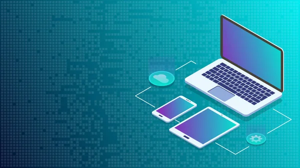 Web and coding. Cross platform banner. Empty screen laptop, tablet and ...