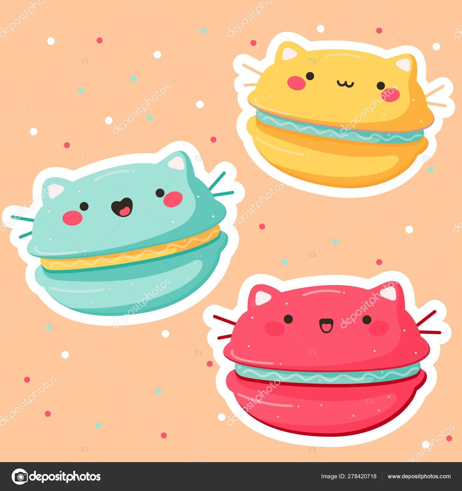 Hand drawn vector illustration of a kawaii funny macarons with cat ...