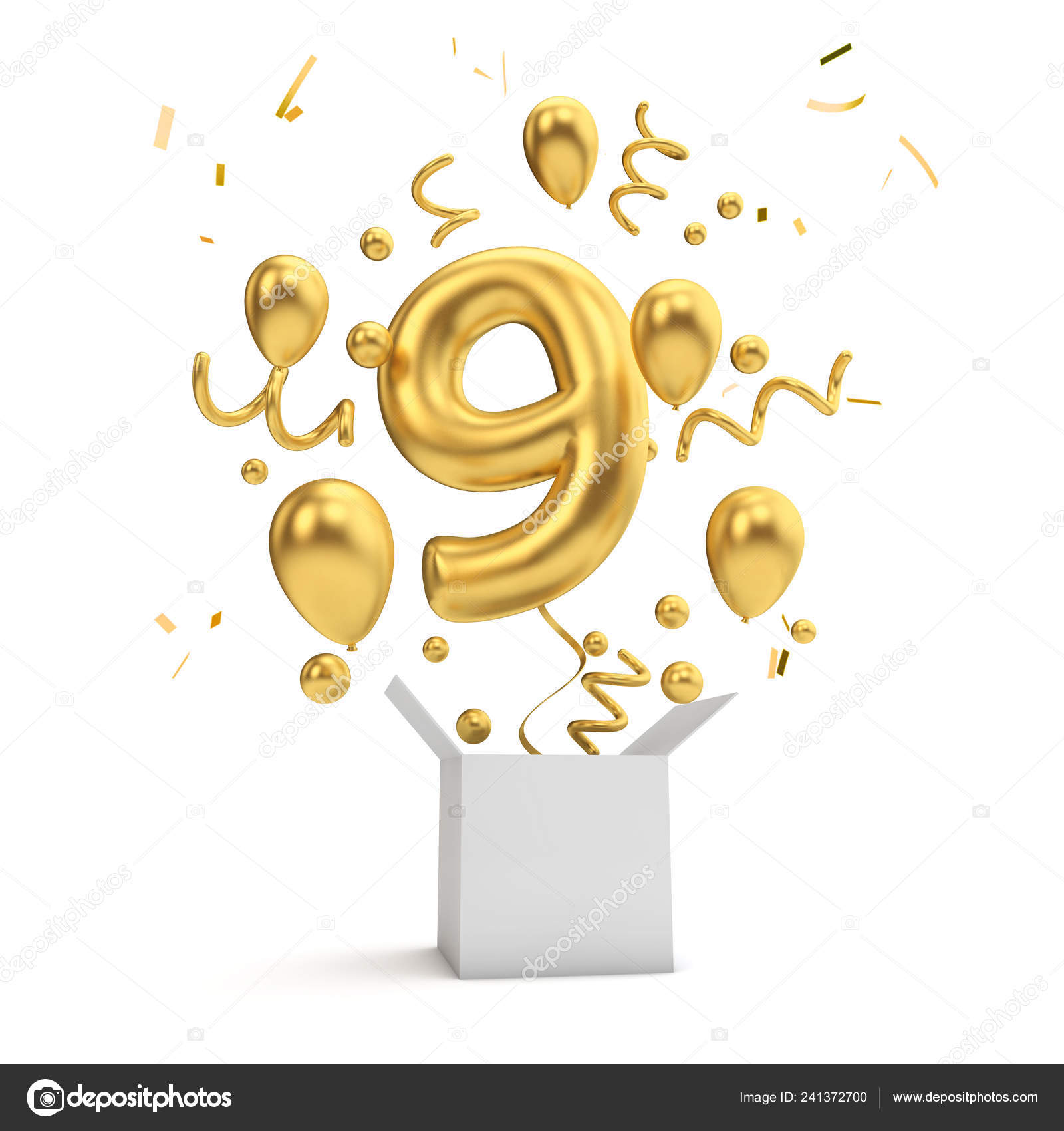 Happy 9Th Birthday Gold Surprise Balloon Box Rendering — Stock Photo ...