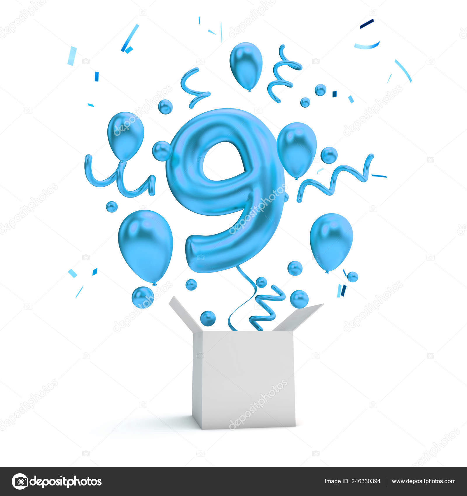 Happy 9Th Birthday Blue Surprise Balloon Box Rendering — Stock Photo ...