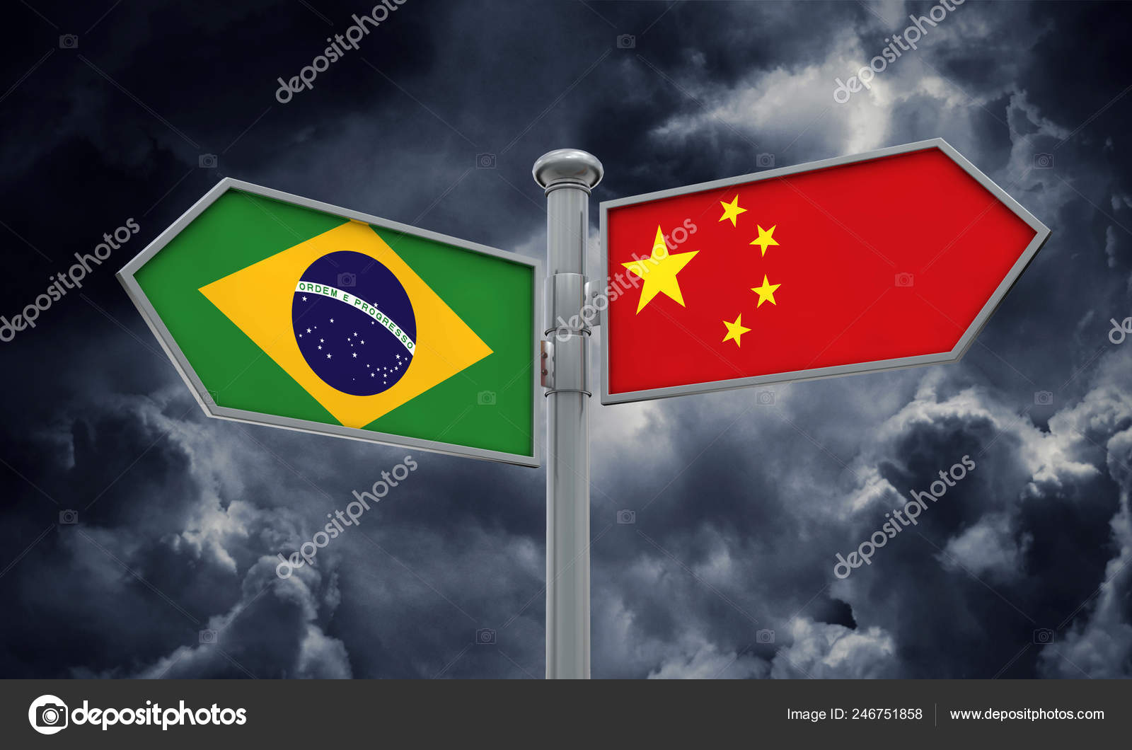China and Brazil flag sign moving in different direction. 3D Rendering ...