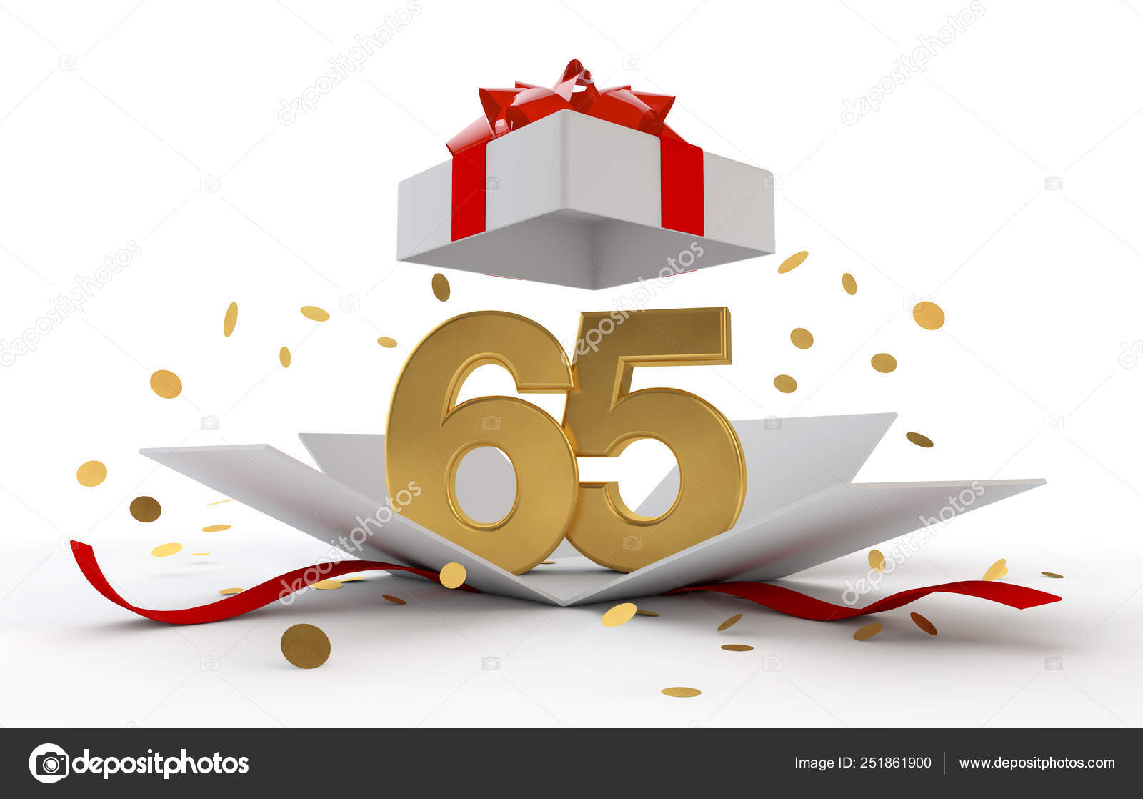 Happy 65th birthday gold surprise boxwith red ribbon. 3D Rendering ...