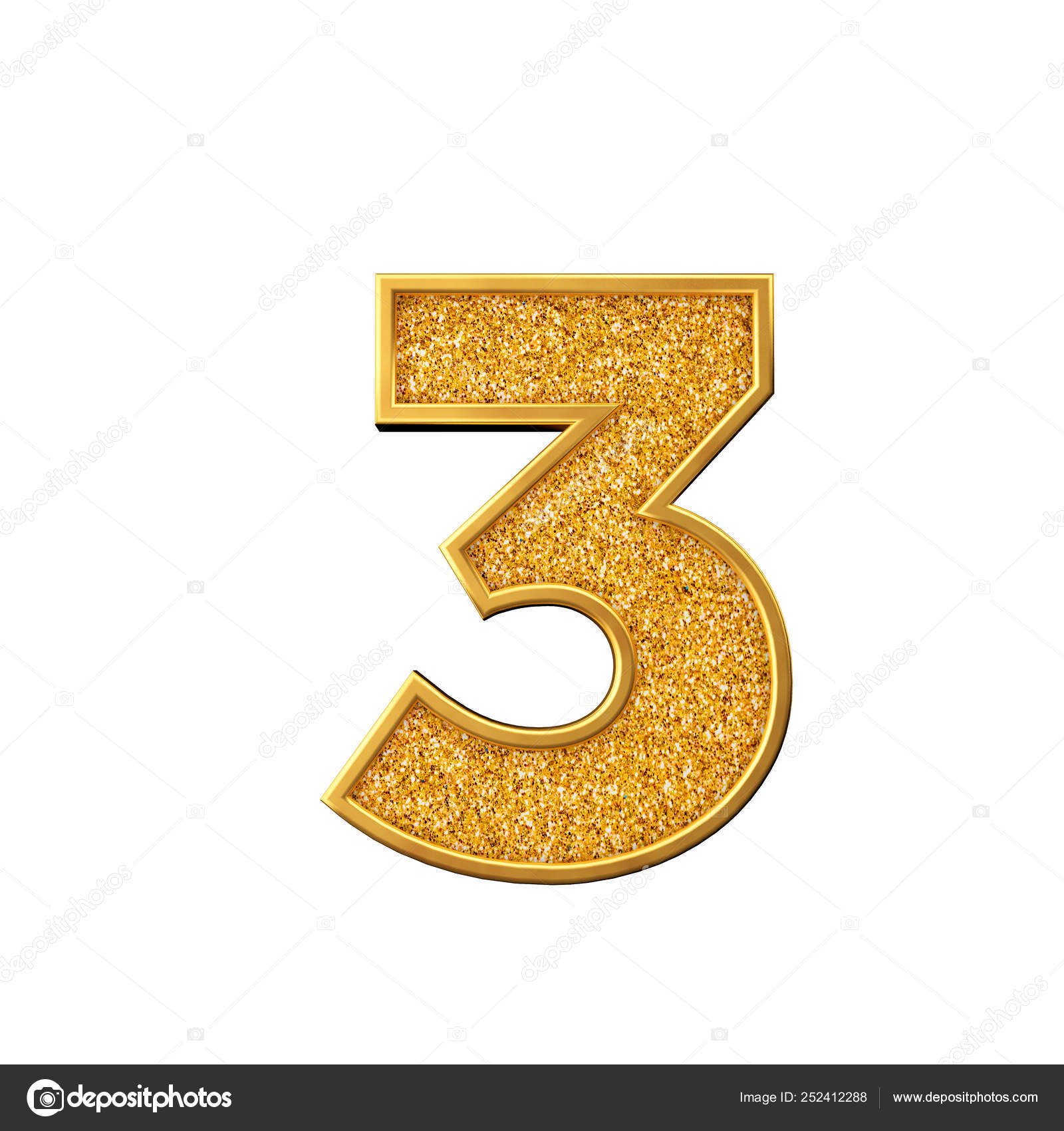 Gold glitter number 3. Shiny sparkling golden number. 3D rendering ...