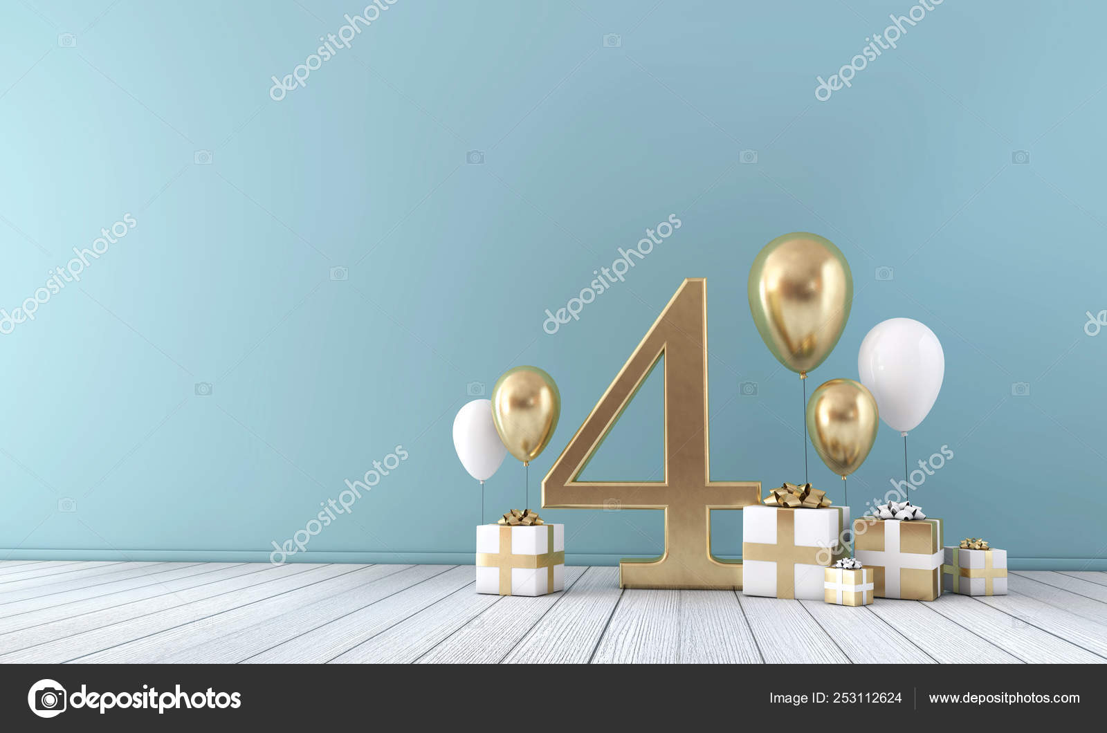 Number 4 party celebration room with gold and white balloons and gift ...