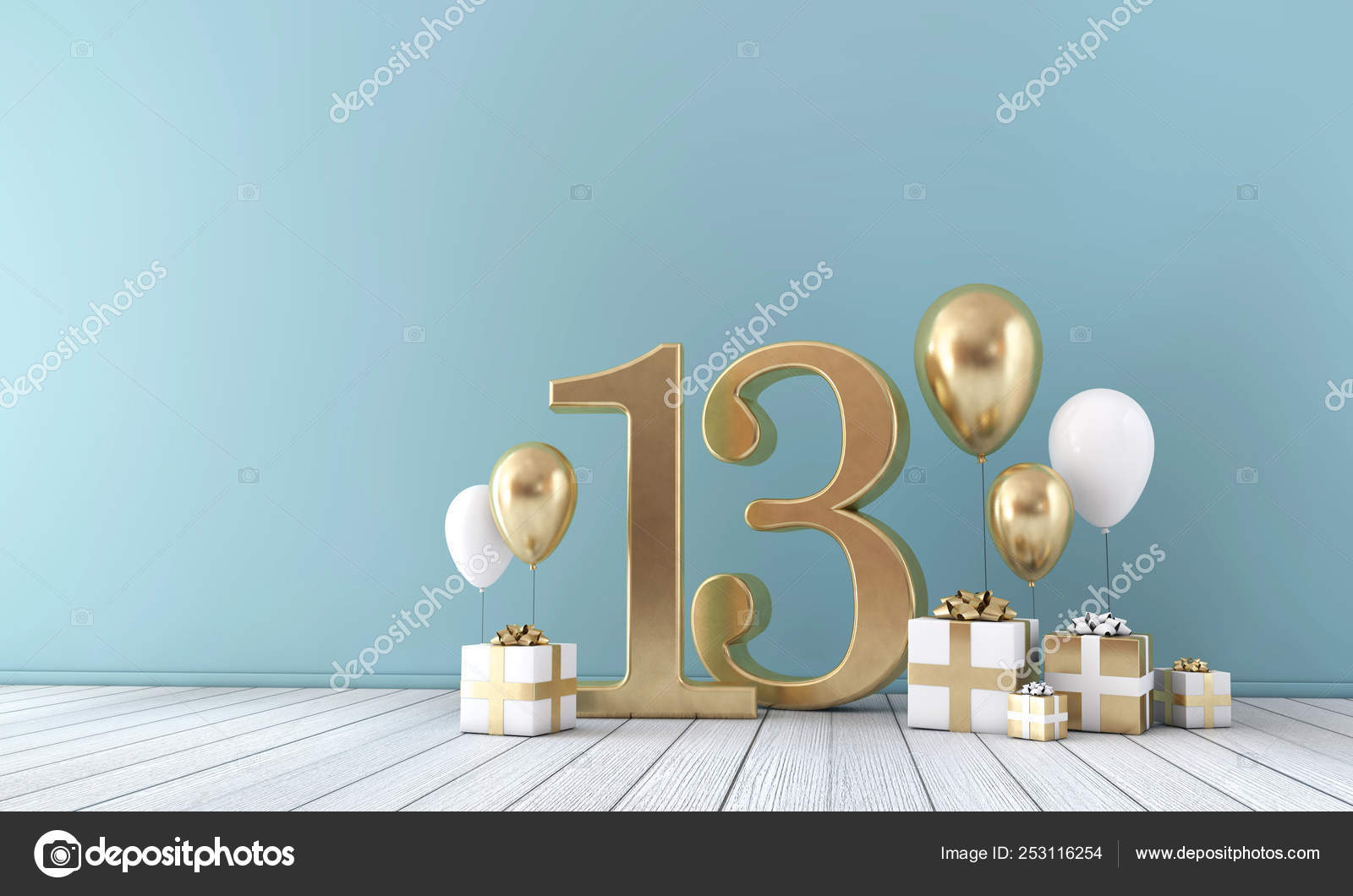 Sala de celebración número 13 con globos dorados y blancos y cajas de ...