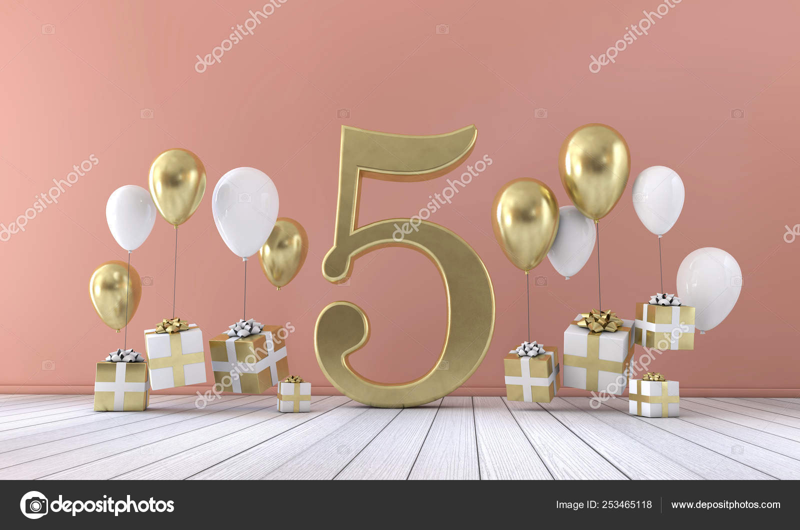 Number 5 birthday party composition with balloons and gift boxes. 3D ...