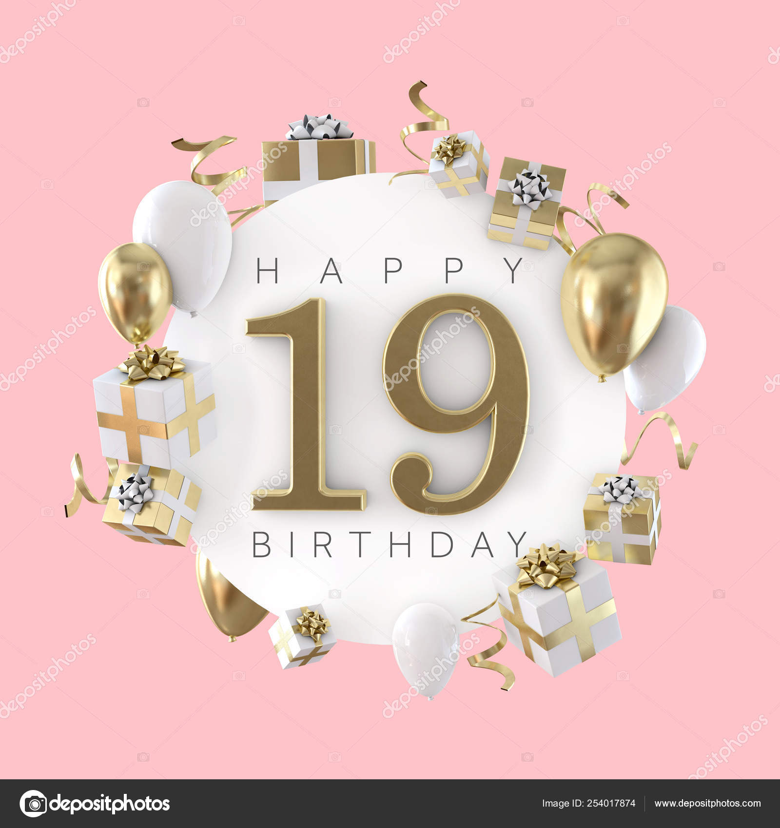 Happy 19th birthday party composition with balloons and presents. 3D ... Happy 19th birthday party composition with balloons and presents. 3D ...