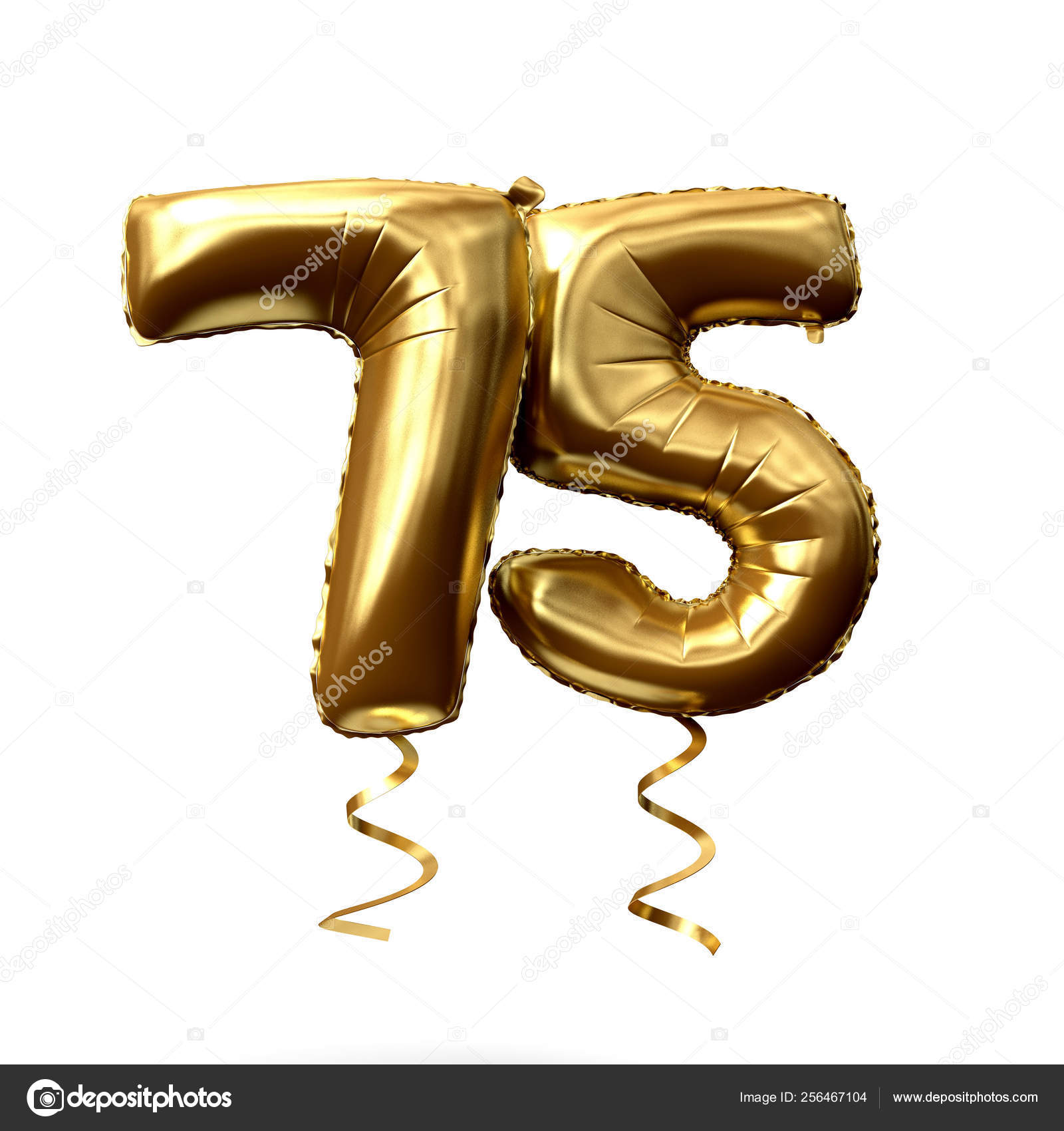 Number 75 gold foil helium balloon isolated on a white background. 3D ...