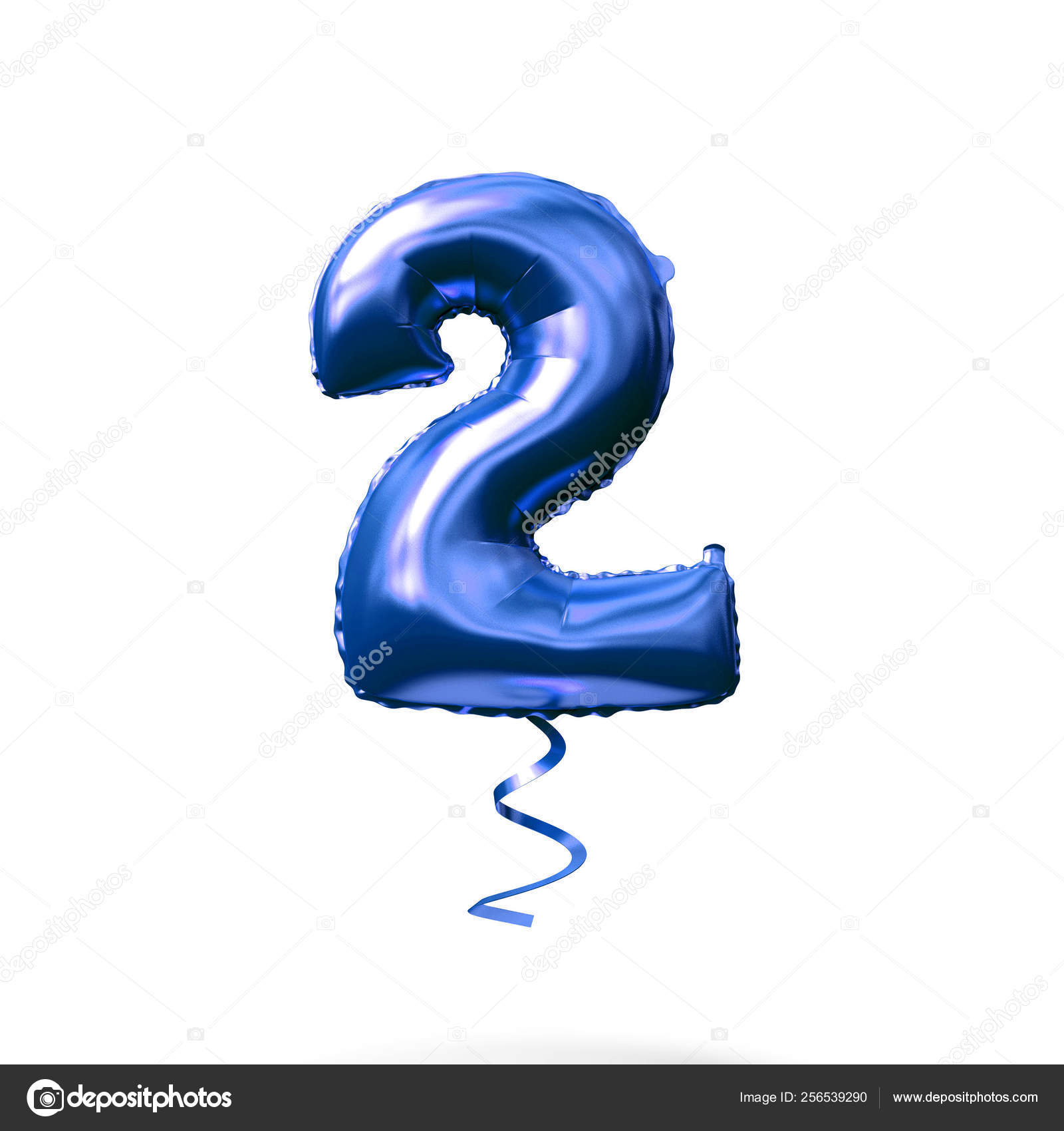 Number 2 blue foil helium balloon isolated on a white background. 3D ...