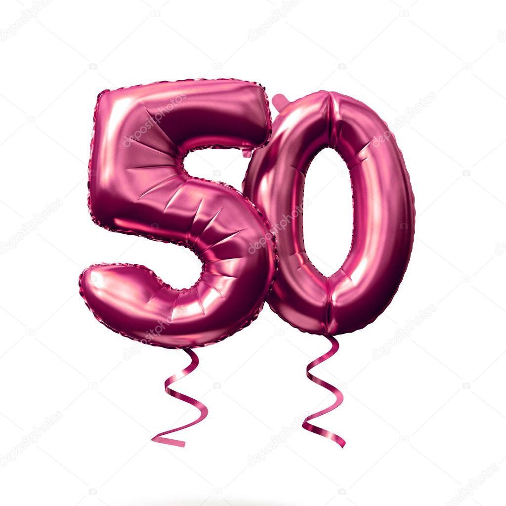 Número 50 rosa globo de helio de oro aislado sobre un fondo blanco ...