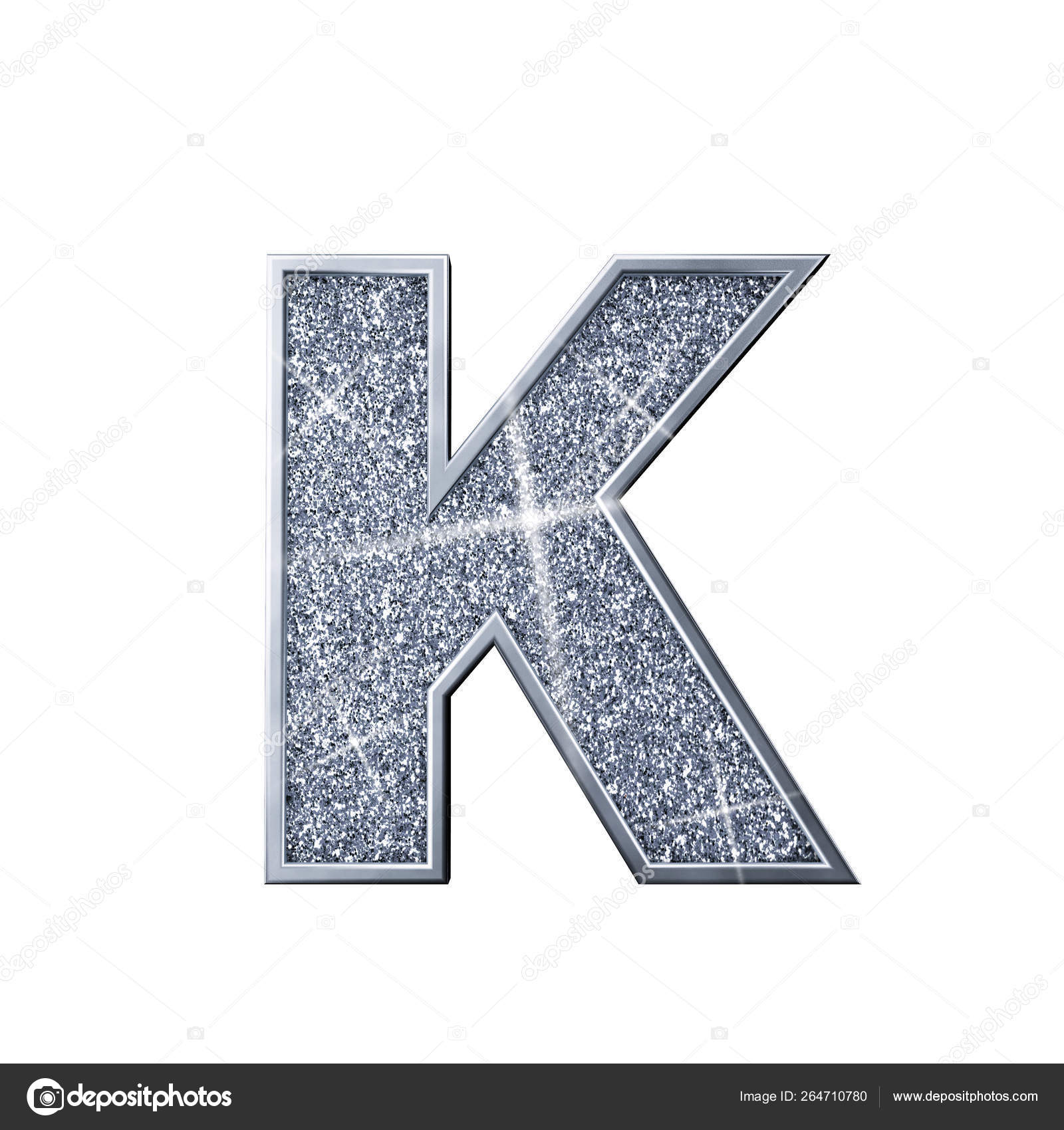 Silver glitter letter K. Shiny sparkling capital letter. 3D rendering ...