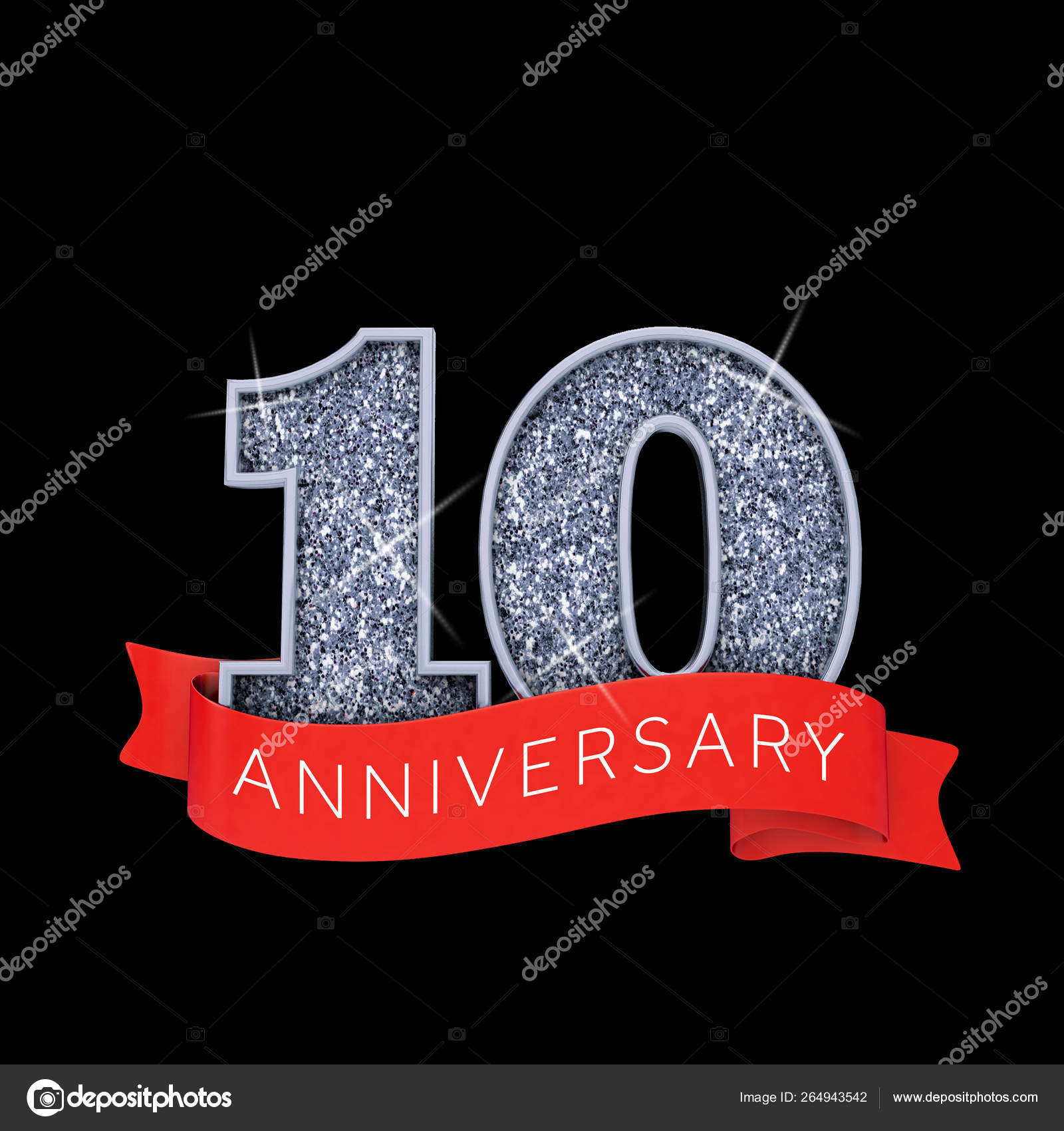 Number 10 silver sparkling anniversay celebration banner. 3D Render ...