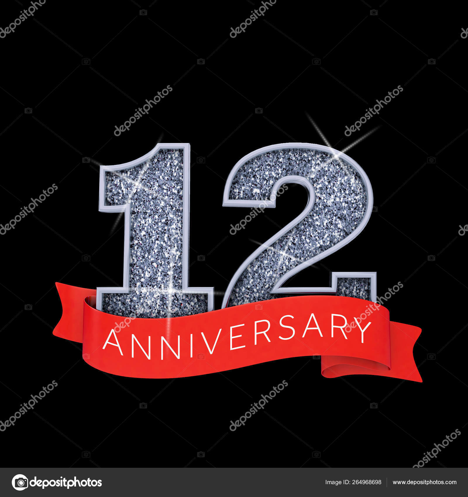 Number 12 silver sparkling anniversay celebration banner. 3D Render ...