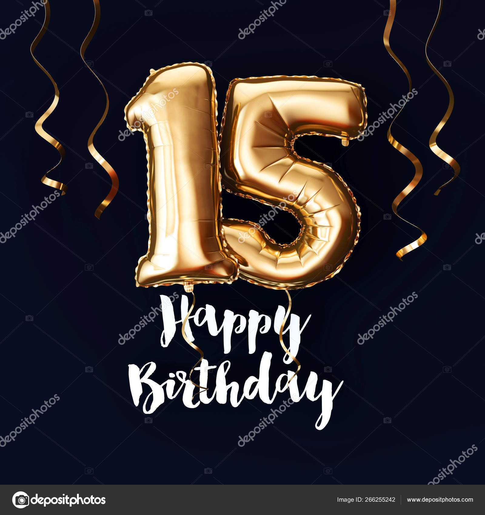 Feliz 15 cumpleaños de oro de fondo de globo de lámina con cintas ...