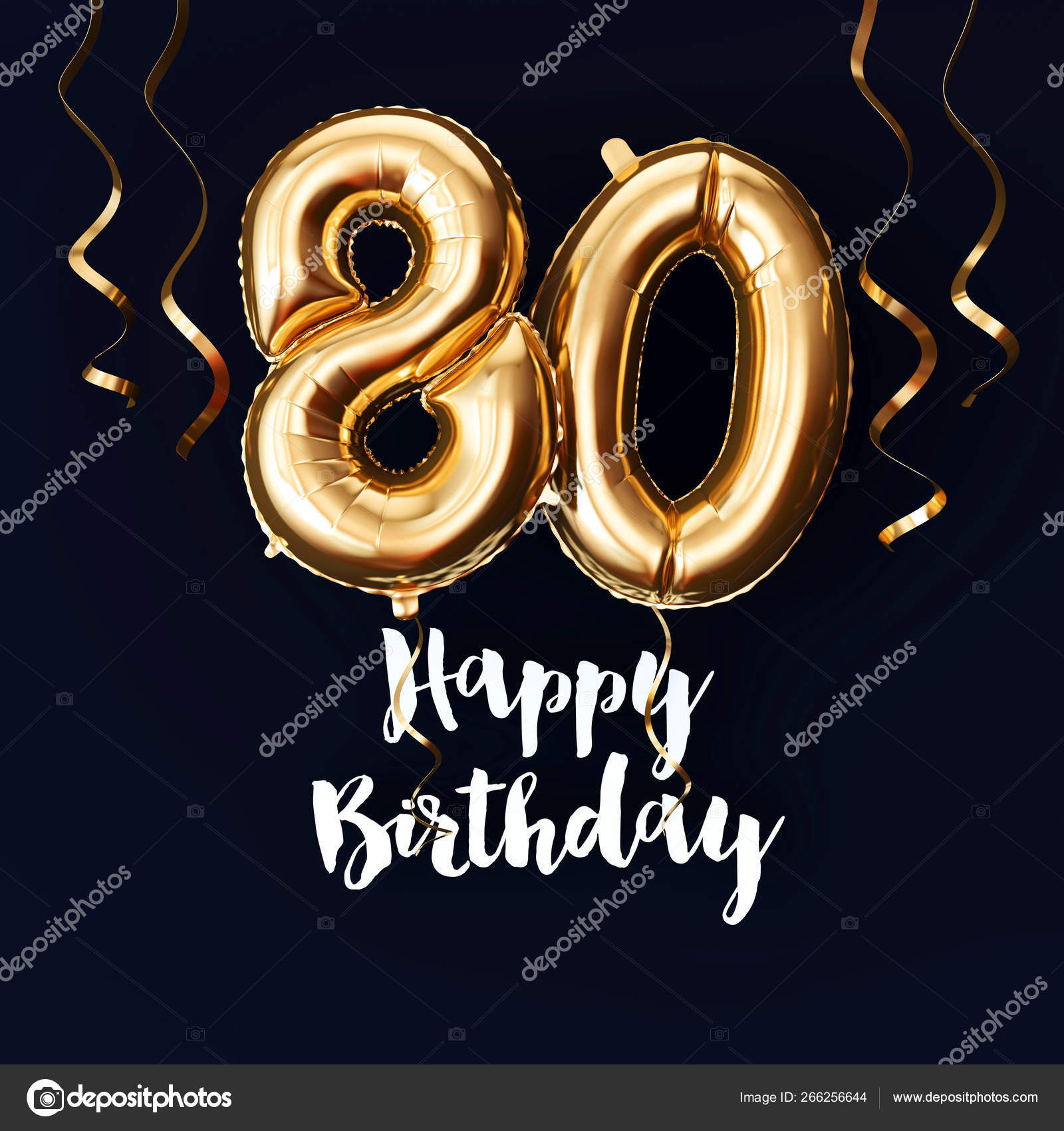Happy 80th Birthday gold foil balloon background with ribbons. 3D ...
