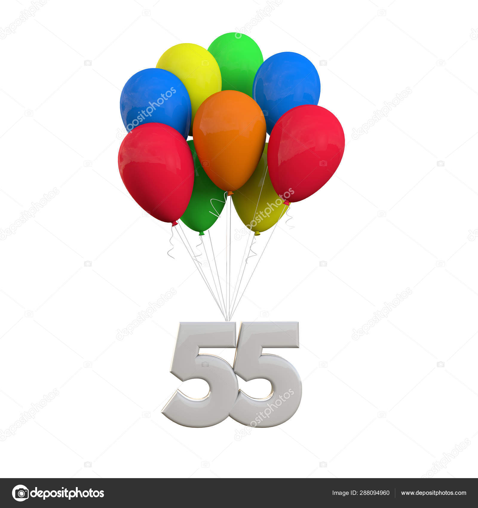 Number 55 party celebration. Number attached to a bunch of ballo Stock ...
