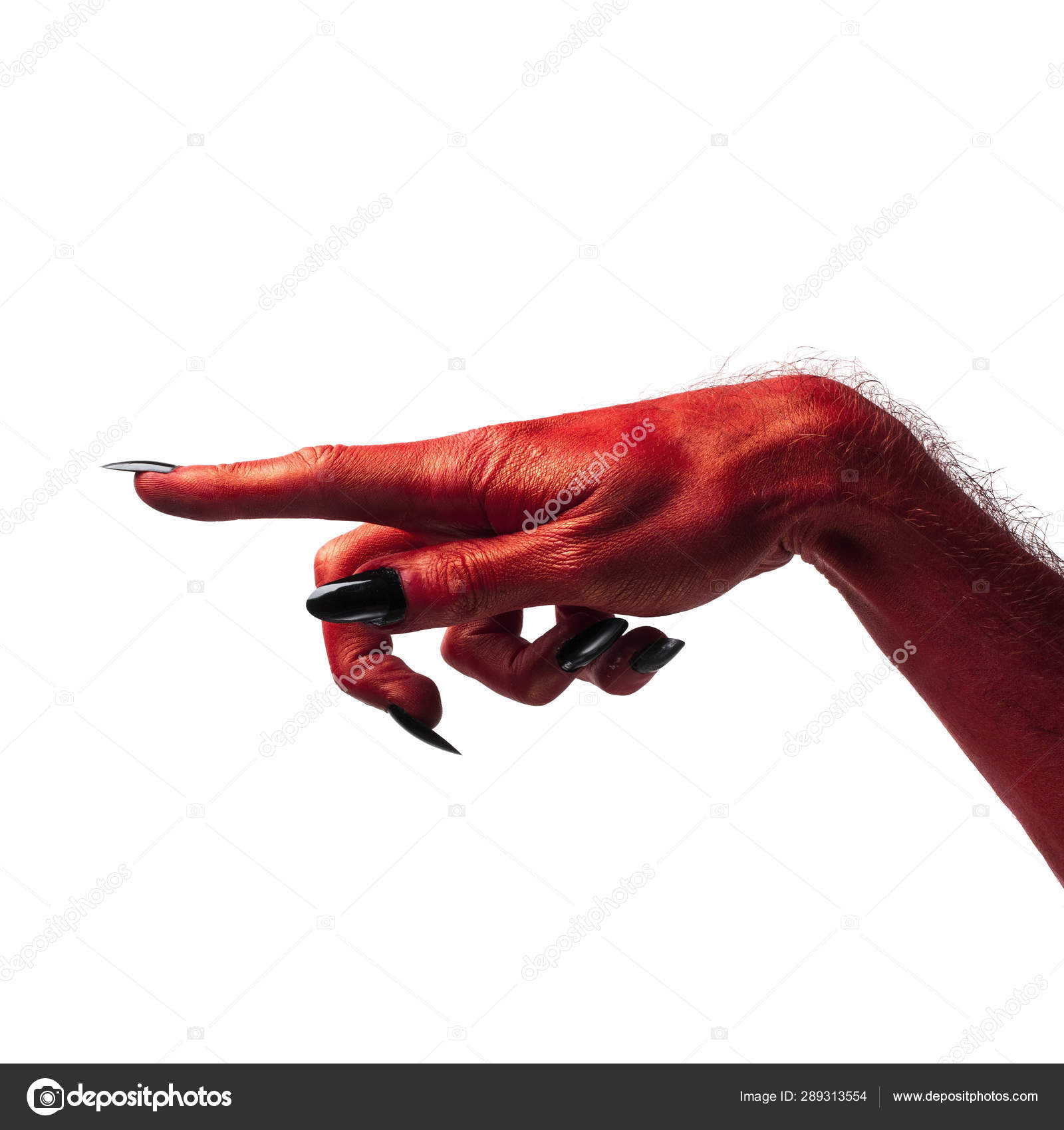 Halloween red devil monster hand with black fingernails against — Stock ...