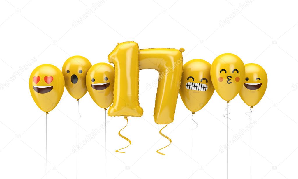 Número 17 cumpleaños amarillo emoji caras globos. Renderizado 3D 2023