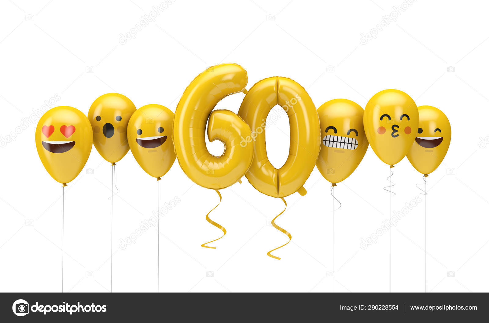 Number 60 yellow birthday emoji faces balloons. 3D Render Stock ...