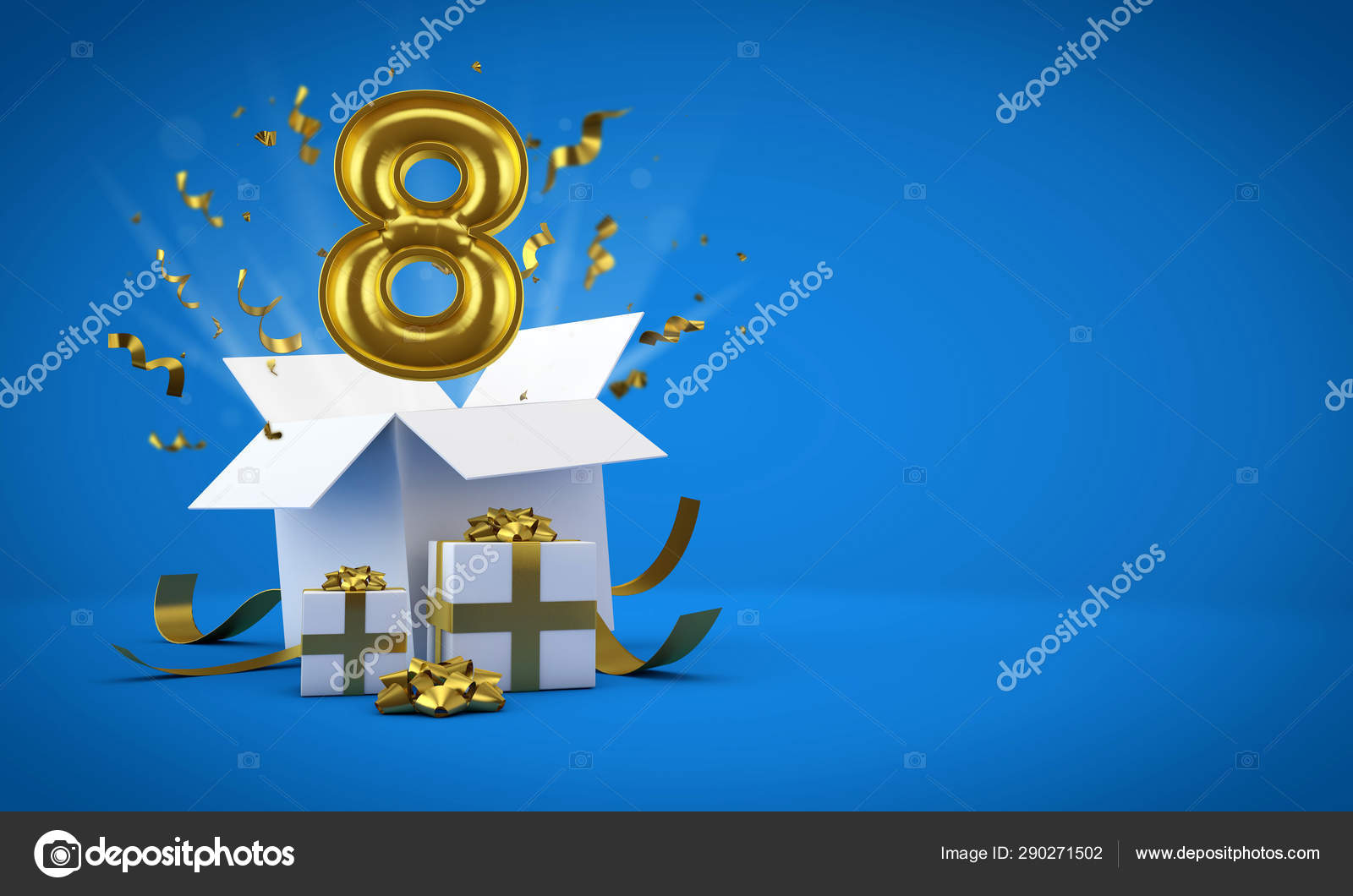 Number 8 exploding from a birthday present gift box. 3D Render Stock ...