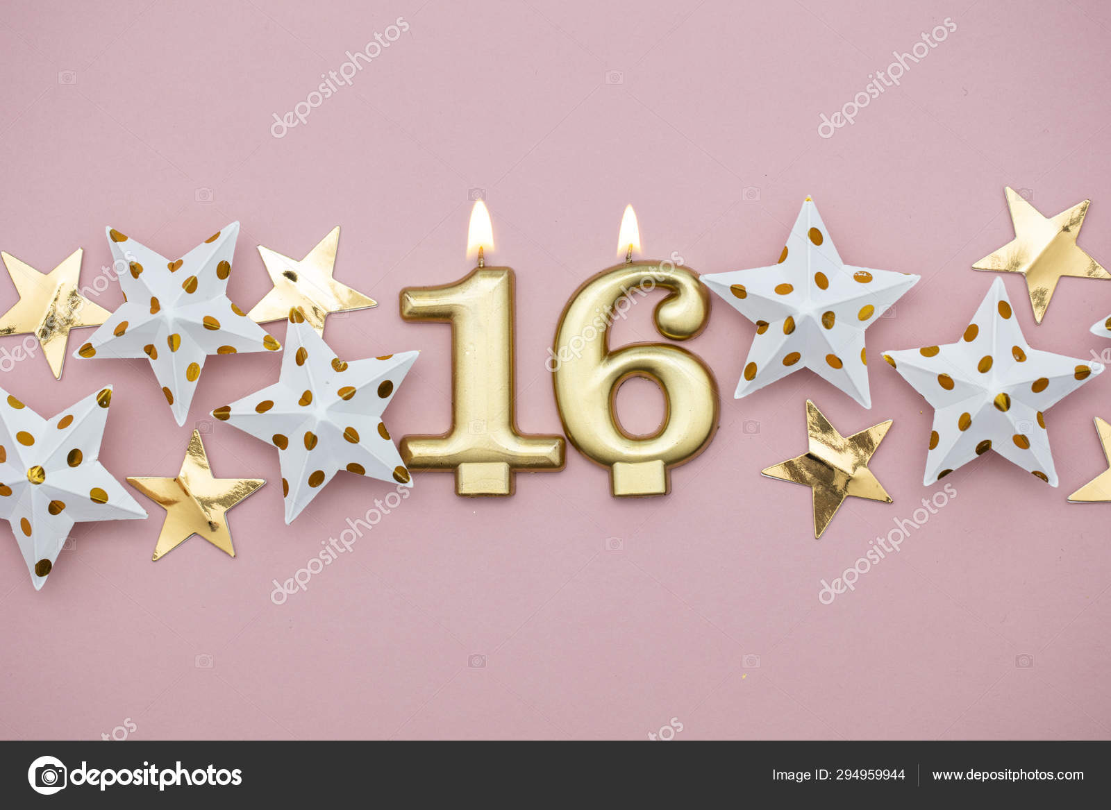 Number 16 gold candle and stars on a pastel pink background — Stock ...