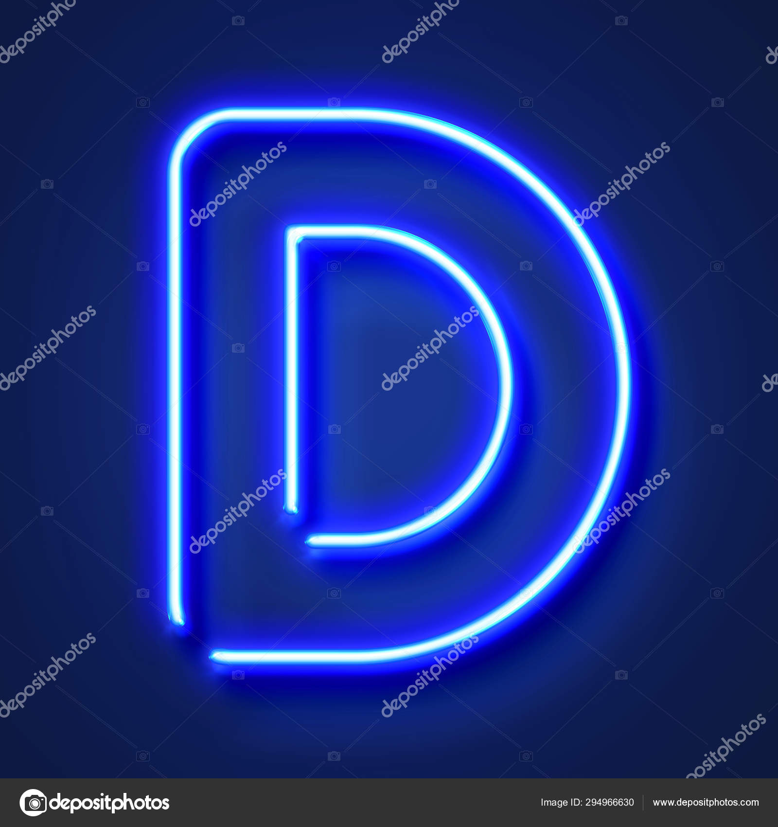 Letra D letra de neón azul brillante realista contra un respaldo azul ...
