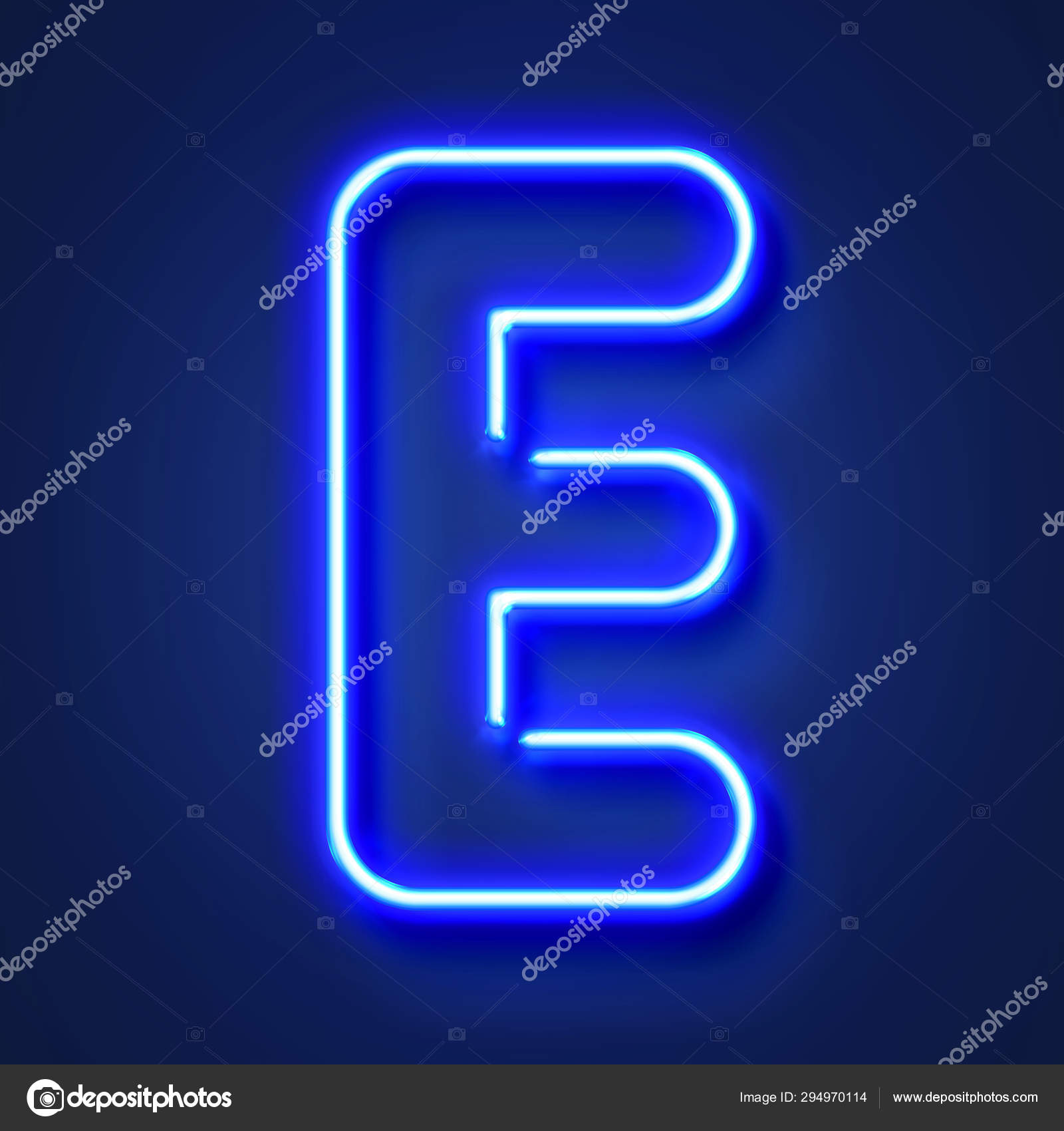 Letter E realistic glowing blue neon letter against a blue backg ...