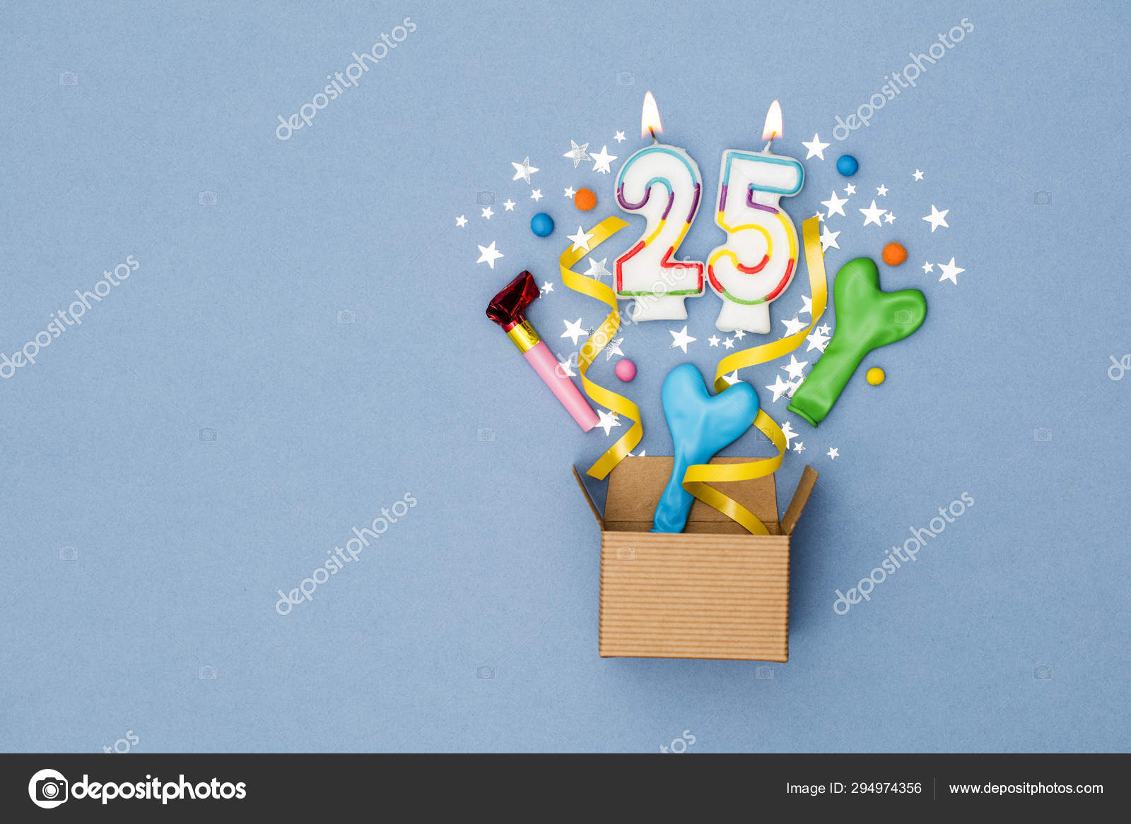 Number 25 celebration present background. Gift box exploding wit Stock ...