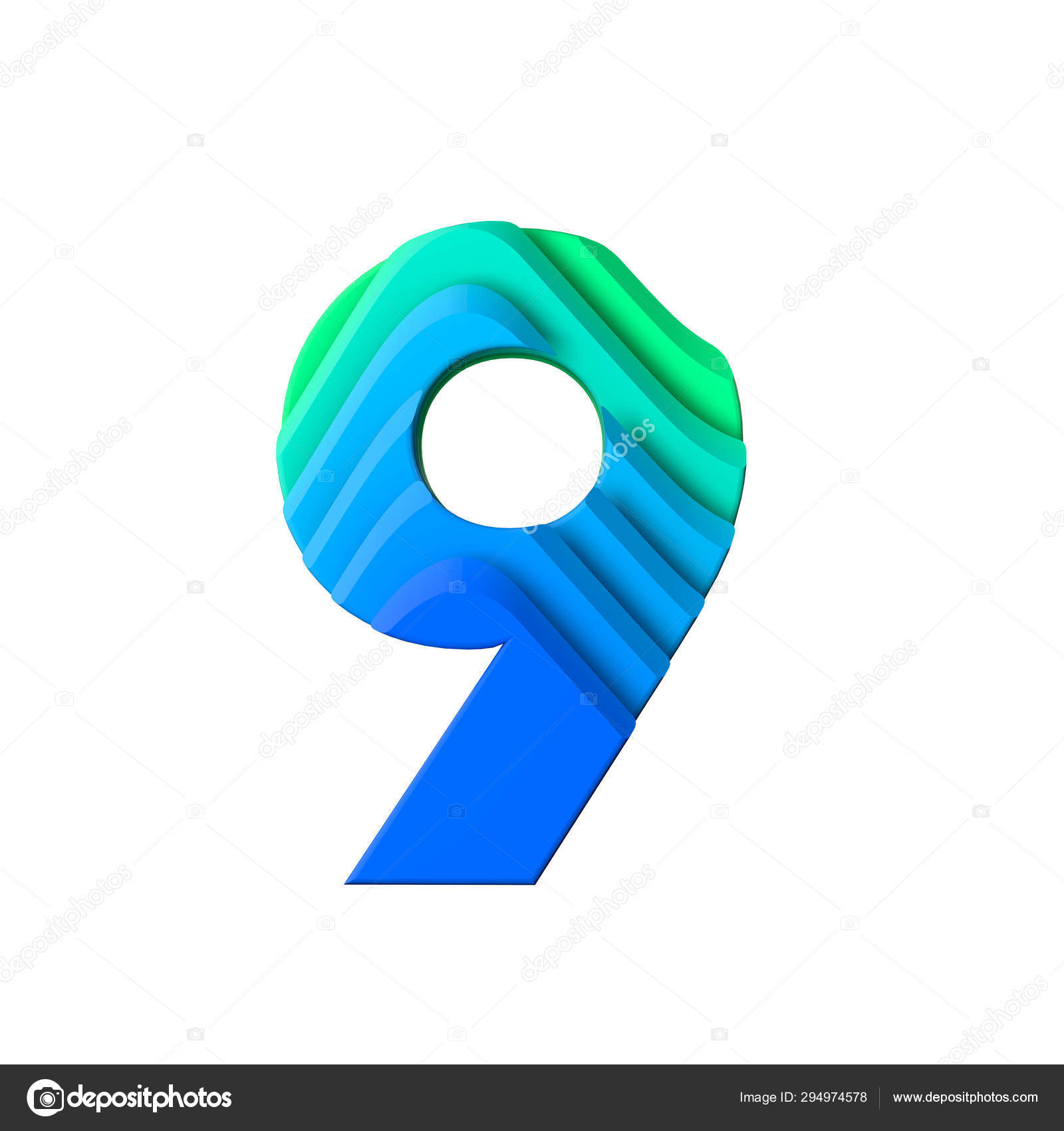 Number 9. Layered wave effect character type. 3D Rendering — Stock ...