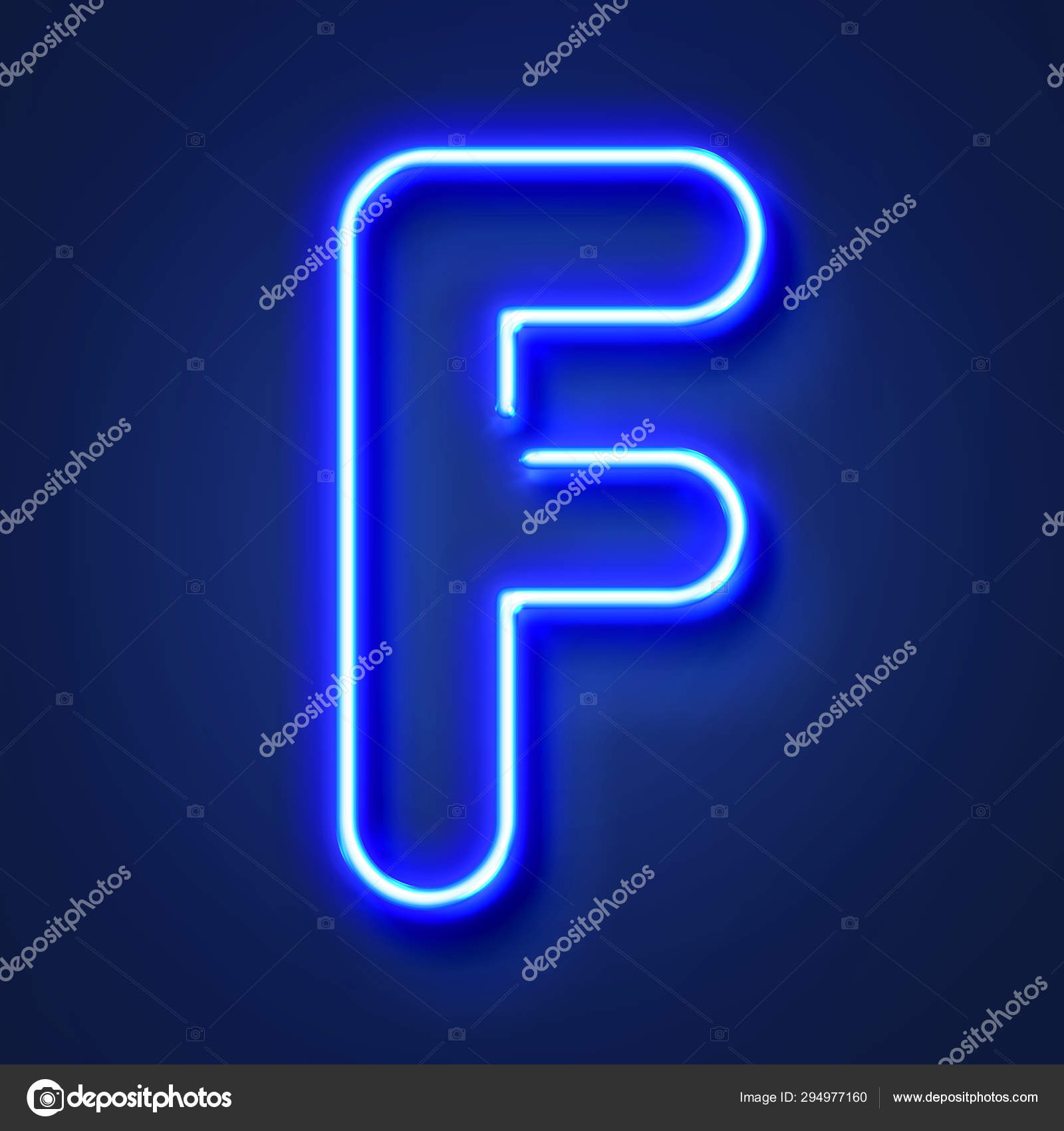 Letra F letra de neón azul brillante realista contra un respaldo azul ...