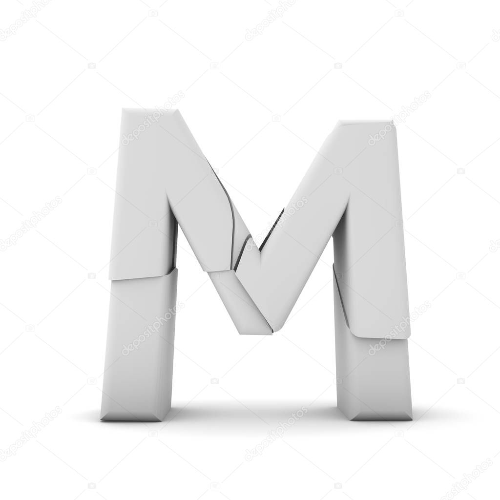Letra M, fuente rota. Renderizado 3D 2024