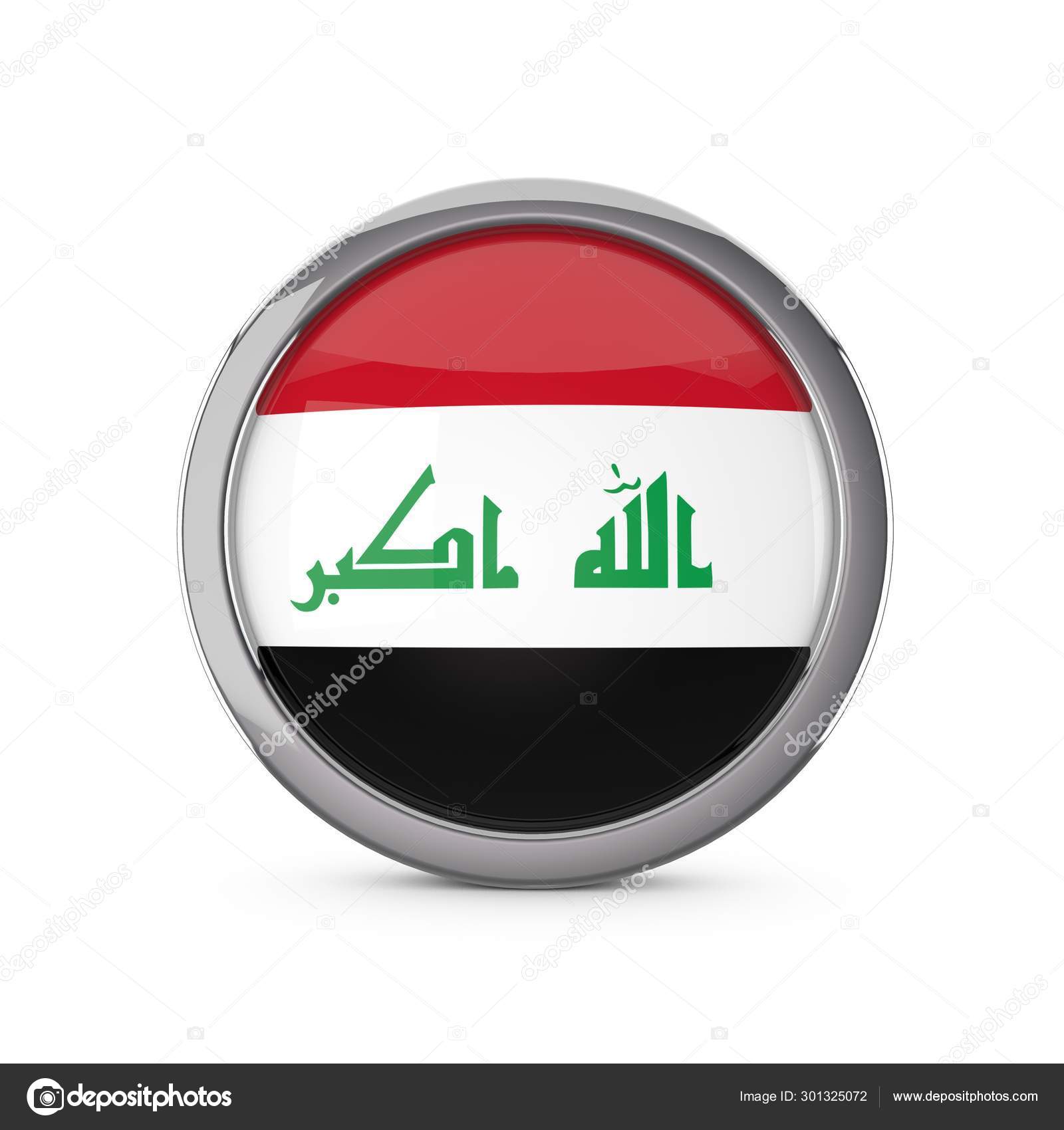 Iraq national flag in a glossy circle shape with chrome frame. 3 ...