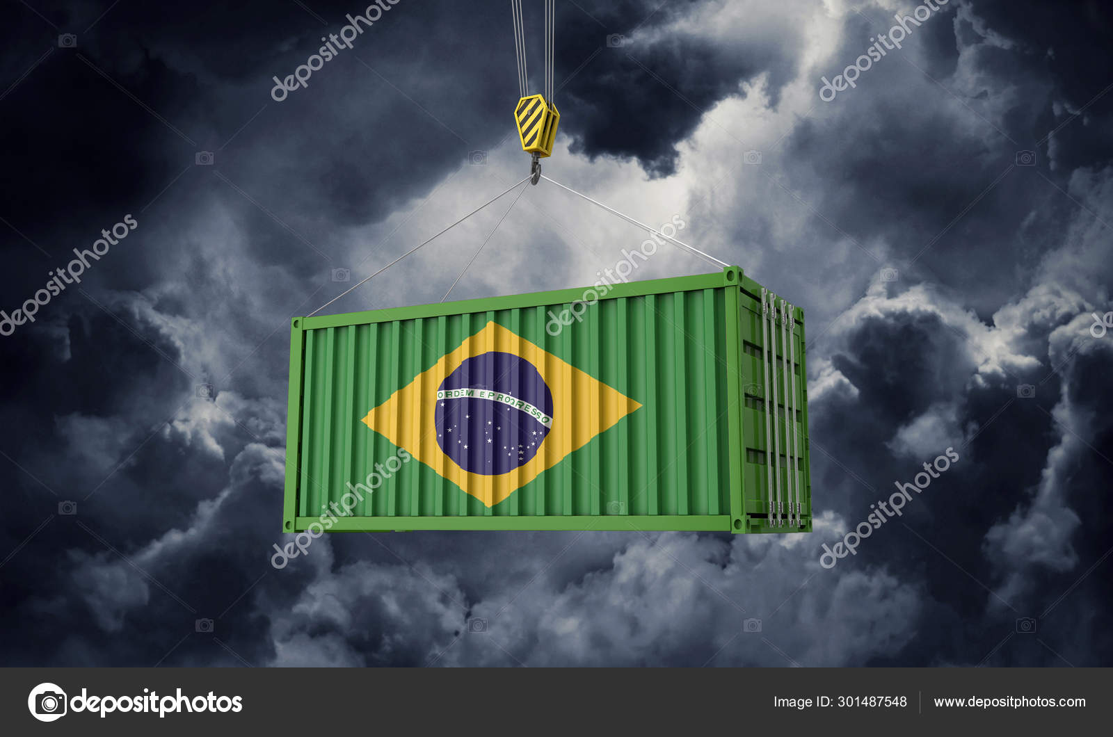 Brazil trade cargo container hanging against dark clouds. 3D Render ...