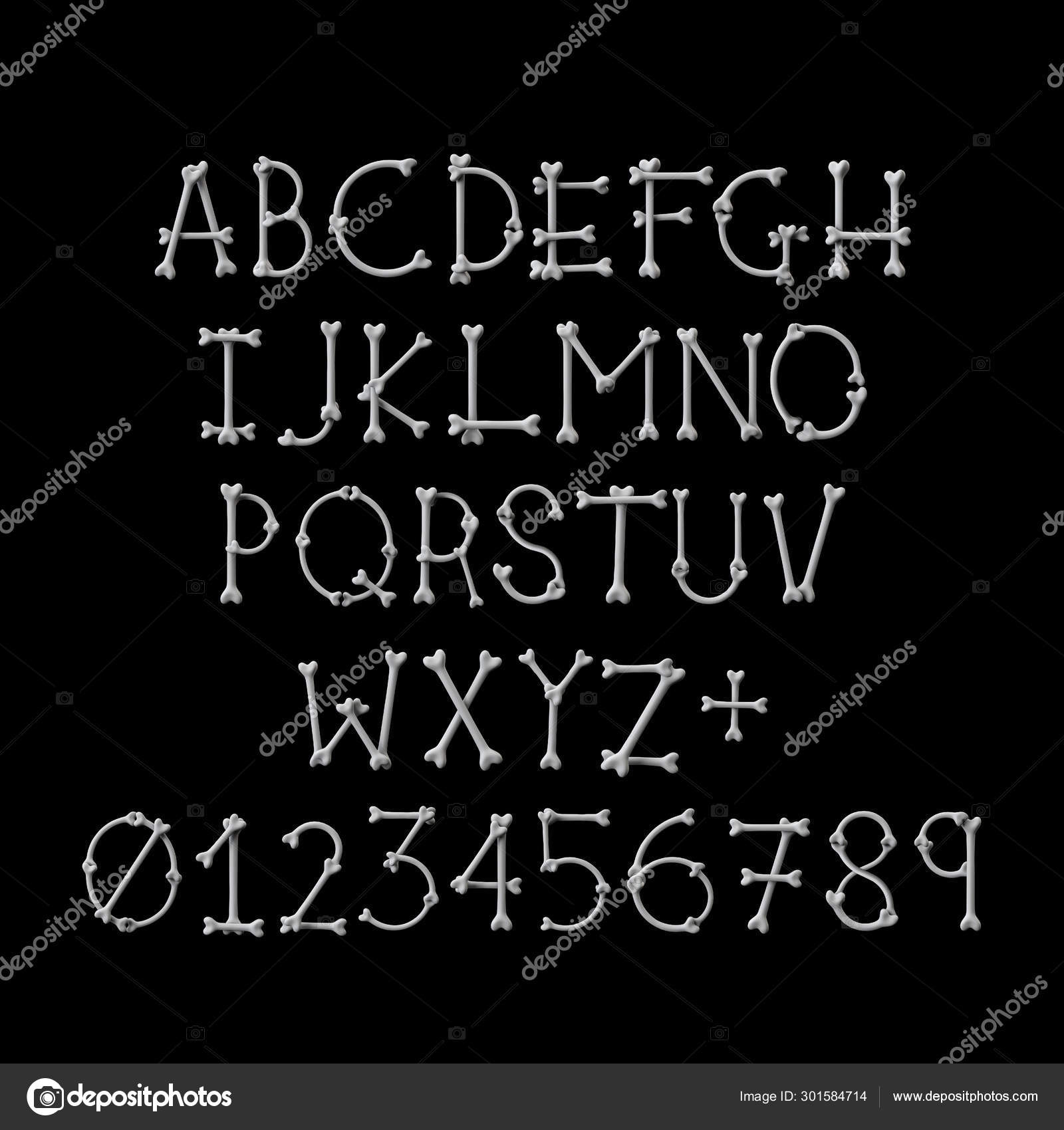 Halloween bone alphabet font letters and numbers. 3D Rendering — Stock ...