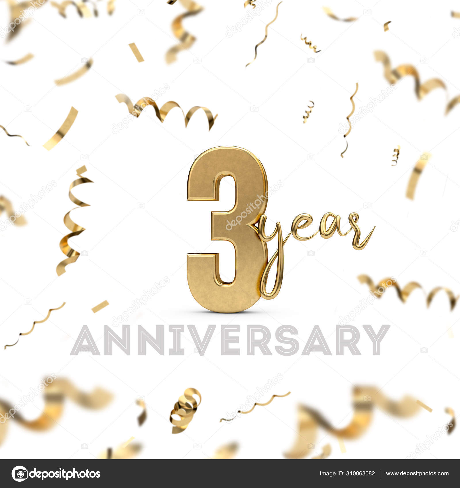 3 year anniversary celebration. Gold number with golden confetti ...