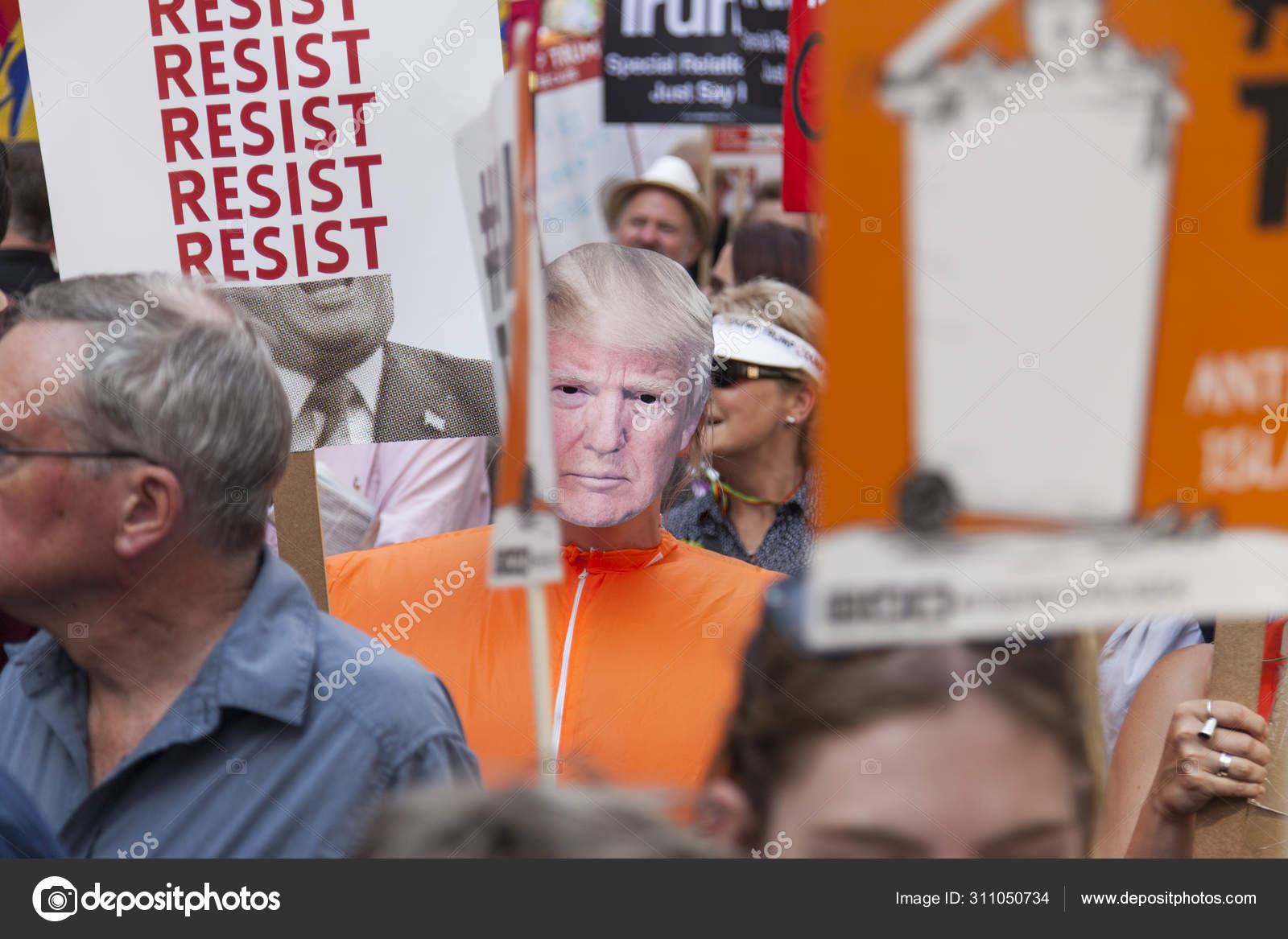 LONDON, UK - July 14th 2018: Large crowds of protesters gather i ...