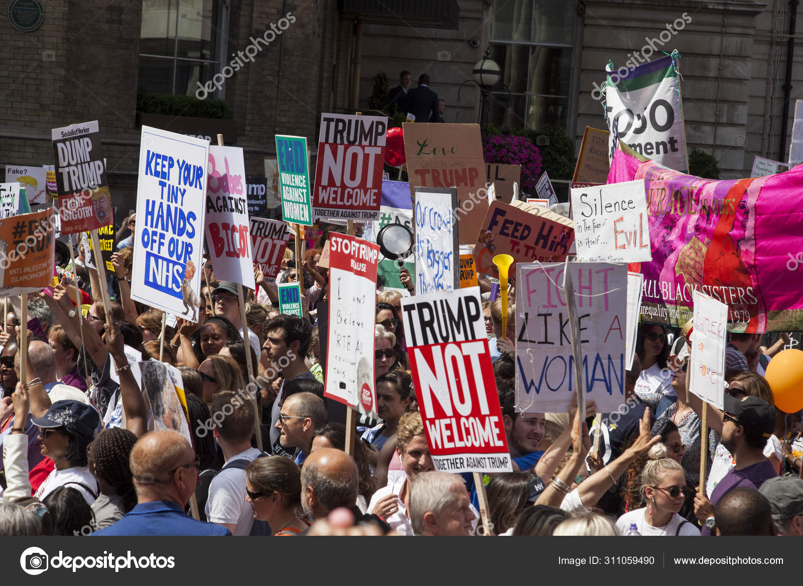 LONDON, UK - July 14th 2018: Large crowds of protesters gather i ...