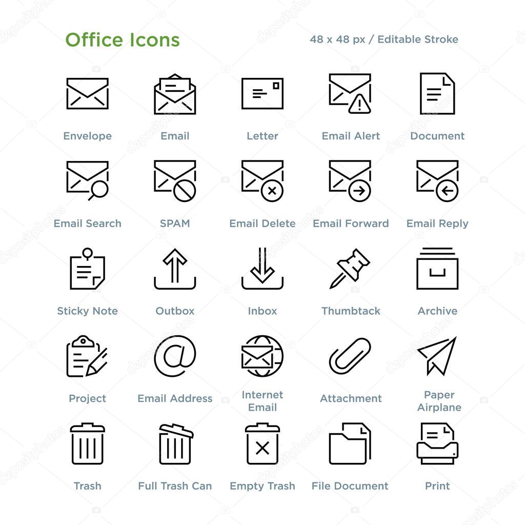 Iconos de oficina - Esquema, ilustración vectorial 2024