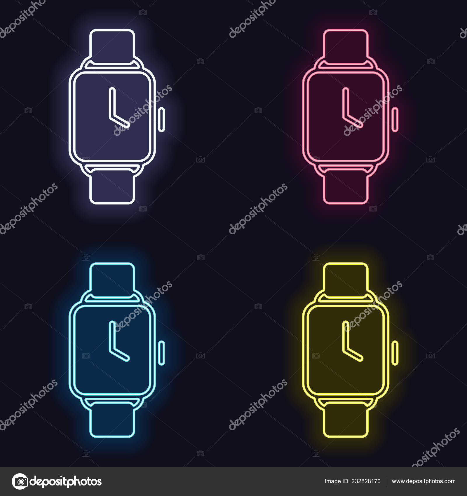 Hand Smart Watch Square Display Technology Icon Set Neon Sign Stock ...