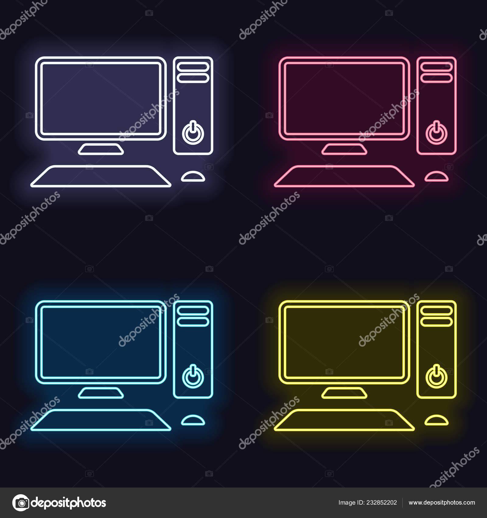 Personal Computer System Unit Monitor Keyboard Mouse Set Neon Sign ...