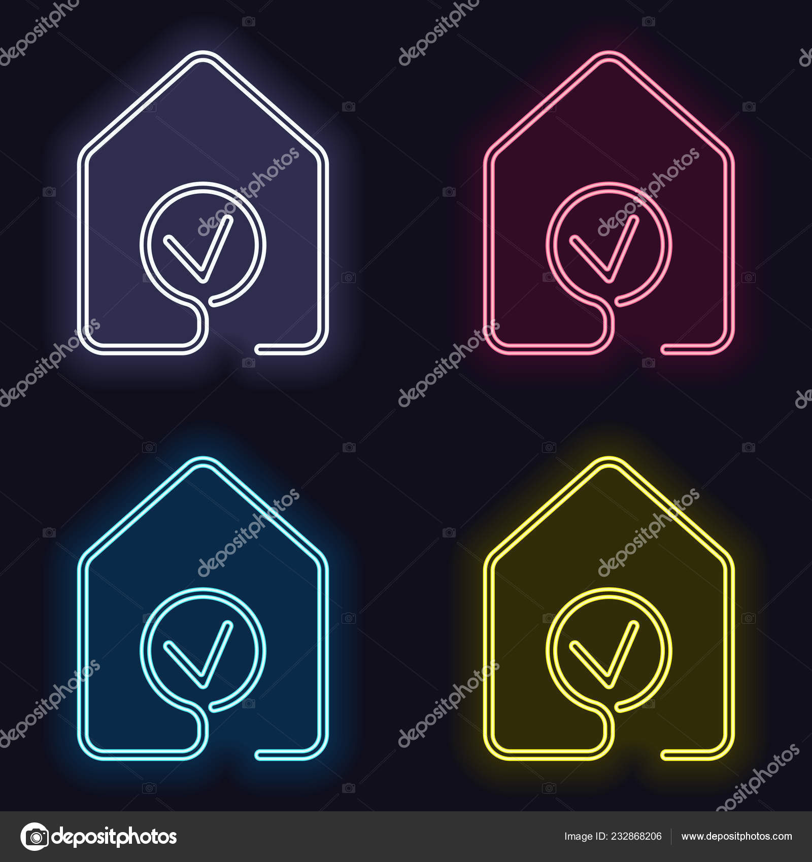House Check Mark Icon Line Style Set Fashion Neon Sign Stock Vector ...