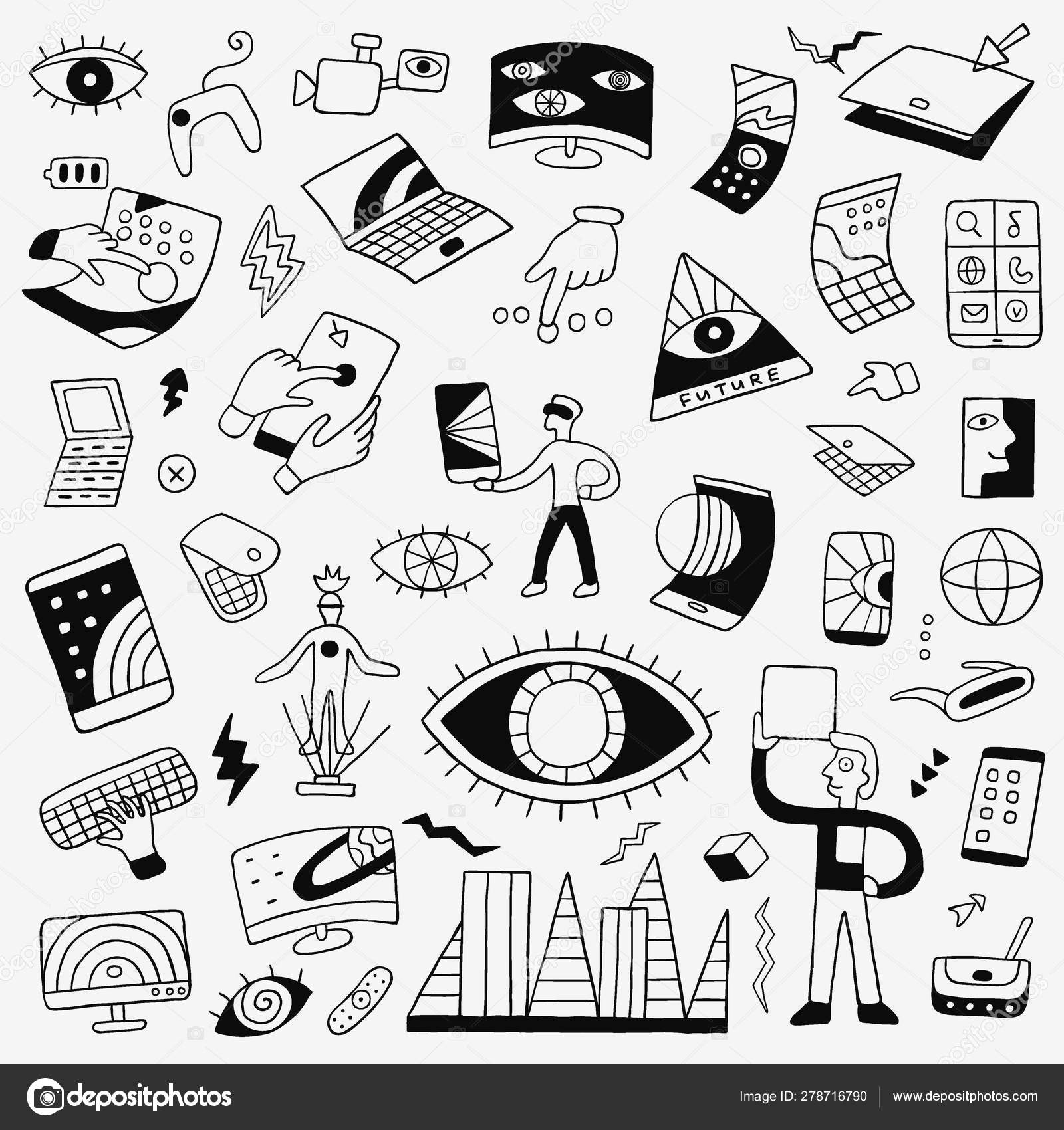 Technology future devices doodle set, pencil drawings Stock Vector ...