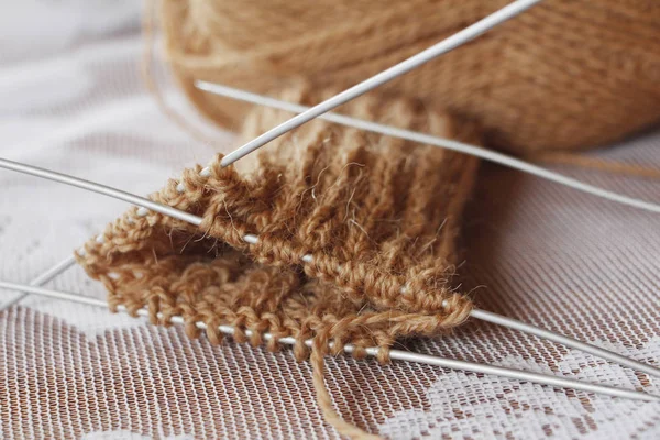 Needlework. Knitting wool toe knitting. Work has begun. - Stock Image ...
