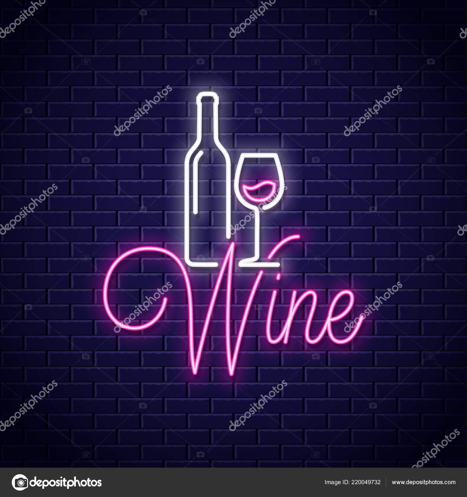 Wine neon banner. Bottle and wine glass neon sign on wall background ...