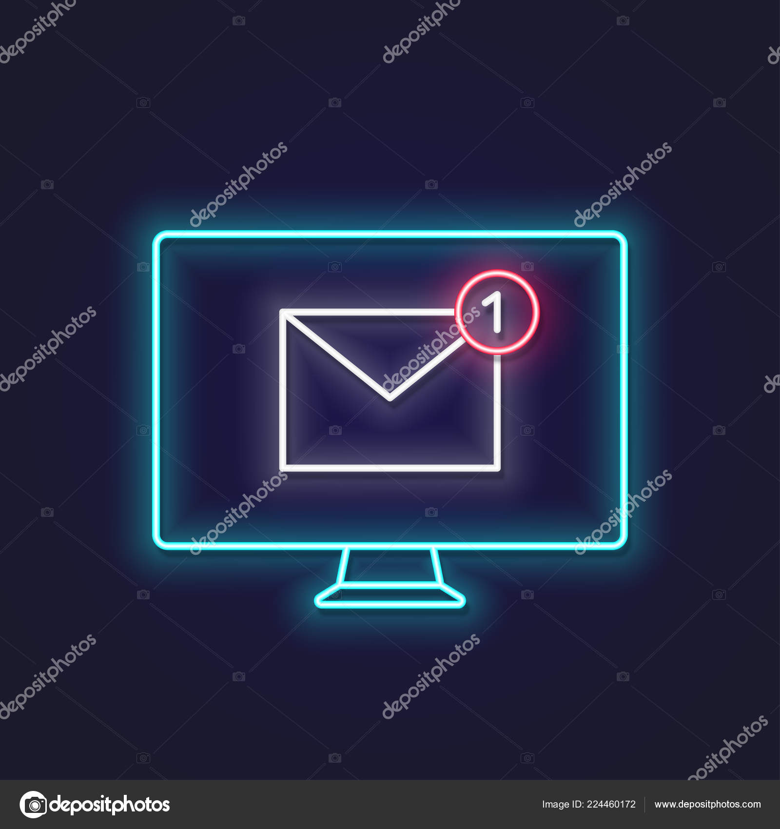 New email neon sign. PC monitor with new message neon banner on dark ...