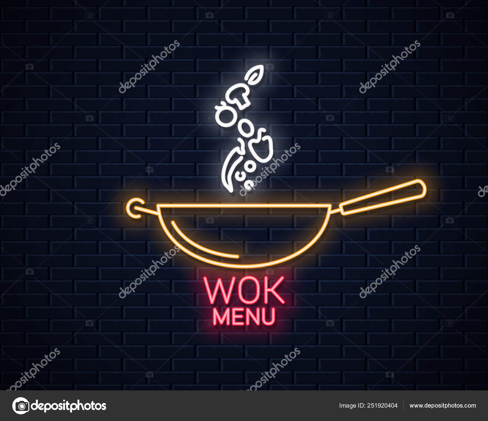 Wok neon banner. Frying pan cooking menu Stock Vector Image by ...