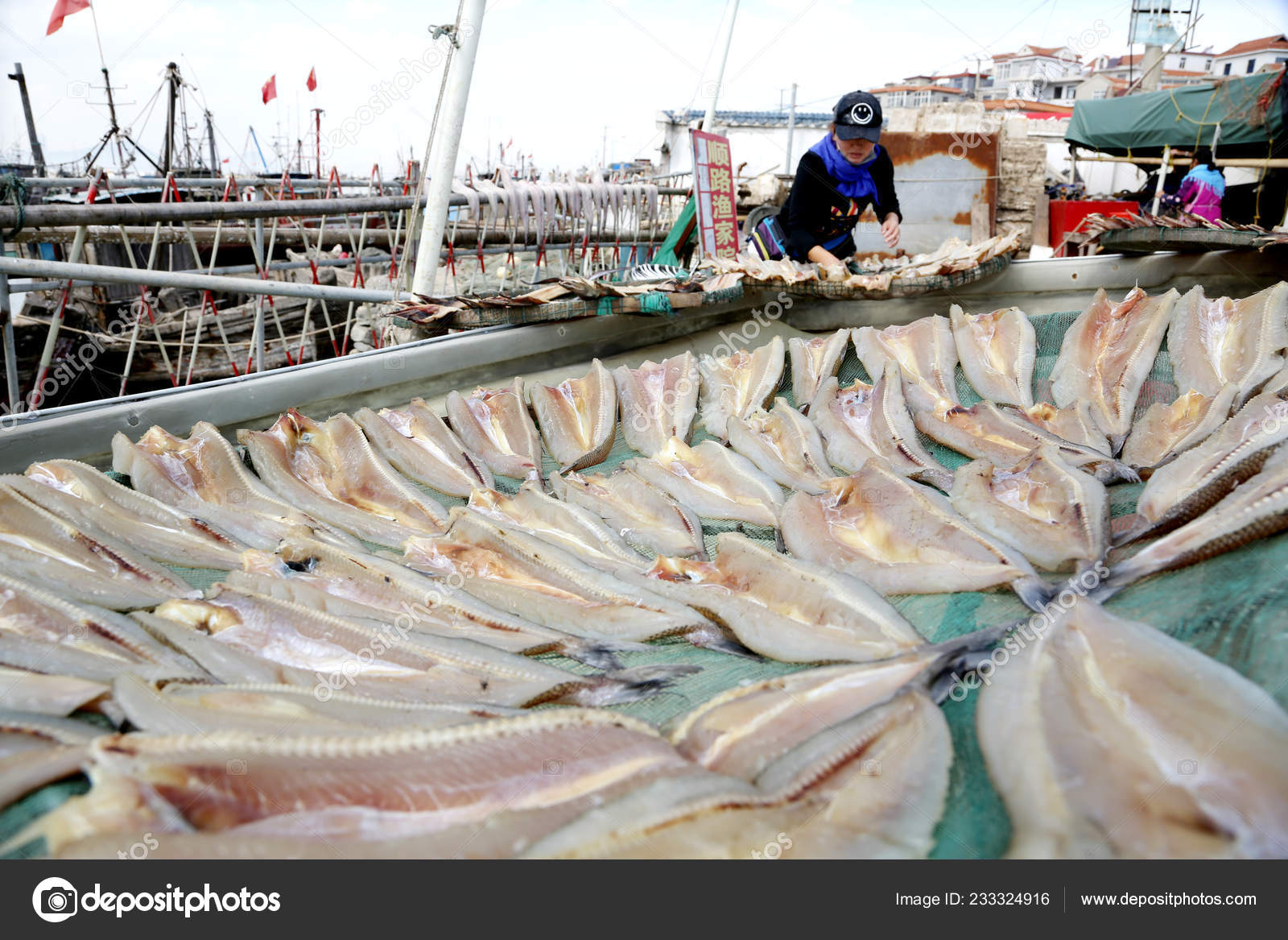 Local Woman Dries Harvested Fish Make Dried Fish Fillets Harbor — Stock ...