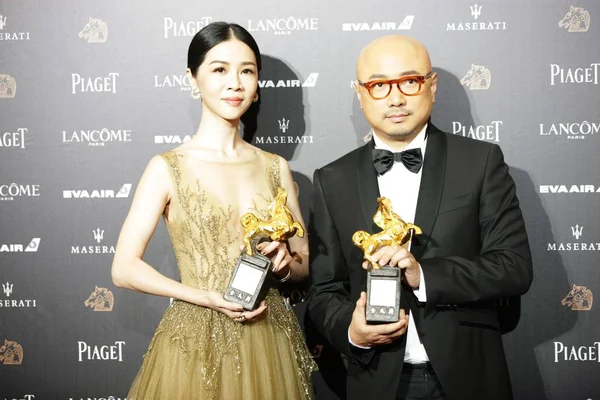 Taiwanese Actress Shu Qin Left Actor Liu Kai Pose Trophies – Stock ...