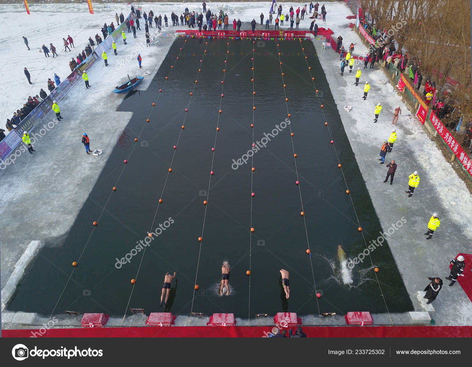 Chinese Contestants Jump Freezing Water Winter Swimming Competition ...