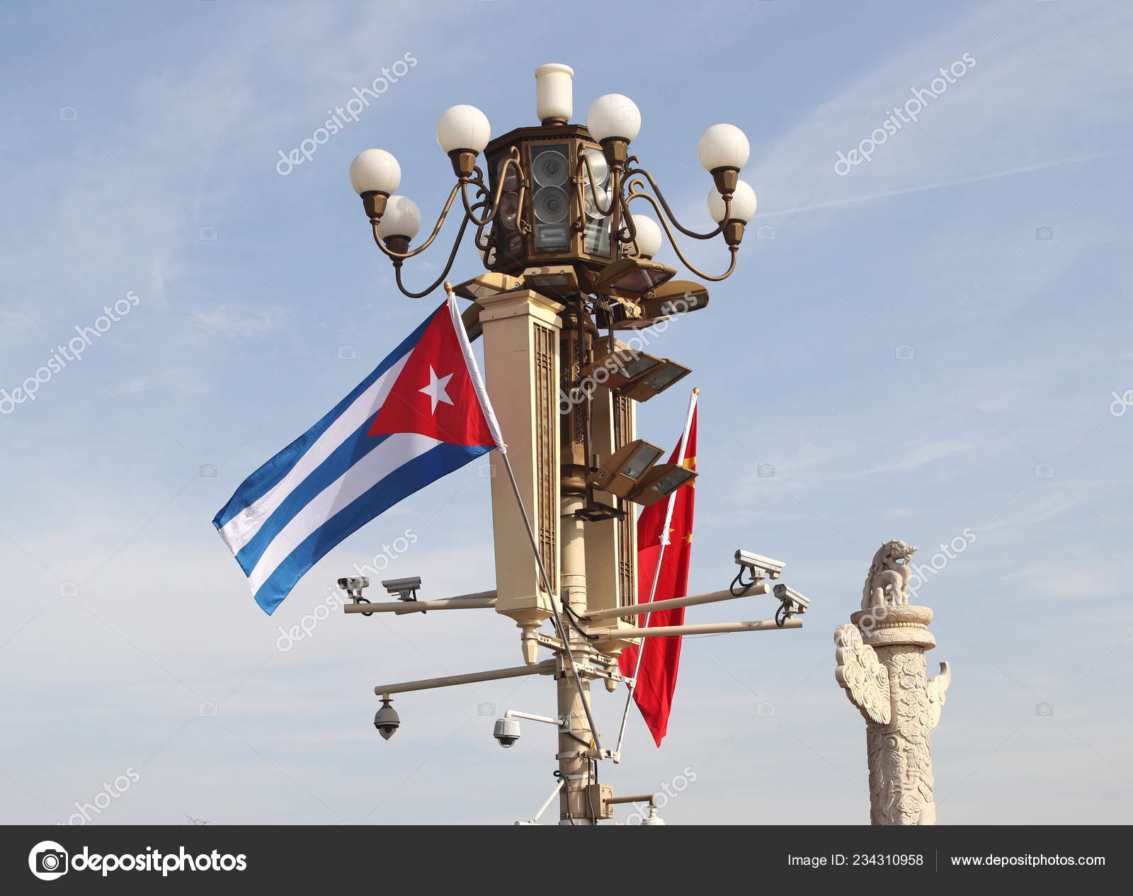 Chinese Cuban National Flags Flutter Lamppost Front Tian'anmen Rostrum ...